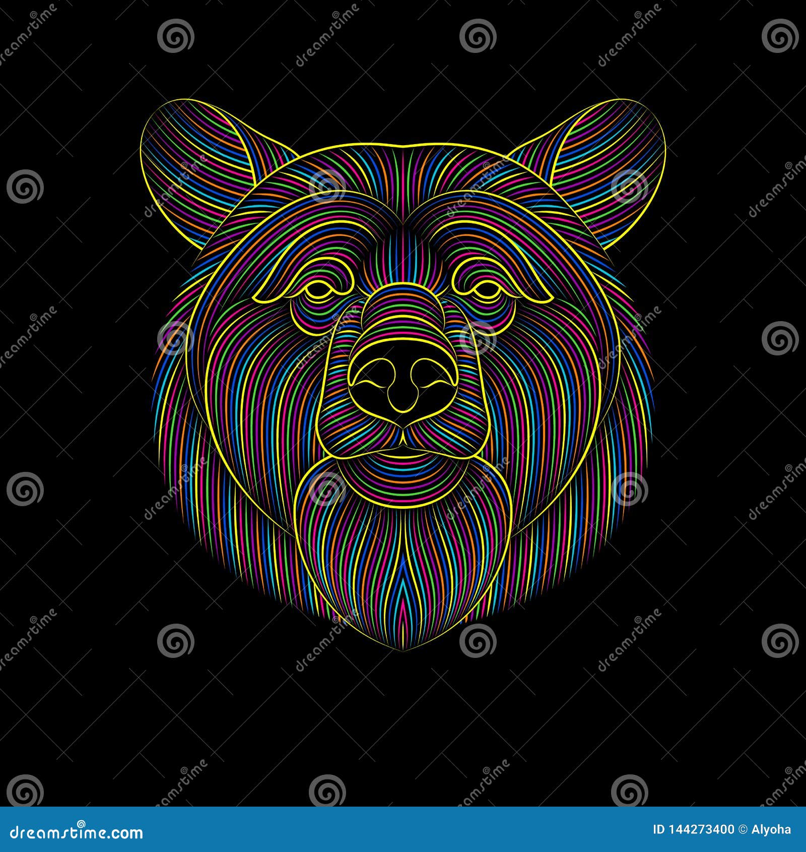 Engraving of Stylized Psychedelic Bear on Black Background Stock Vector ...