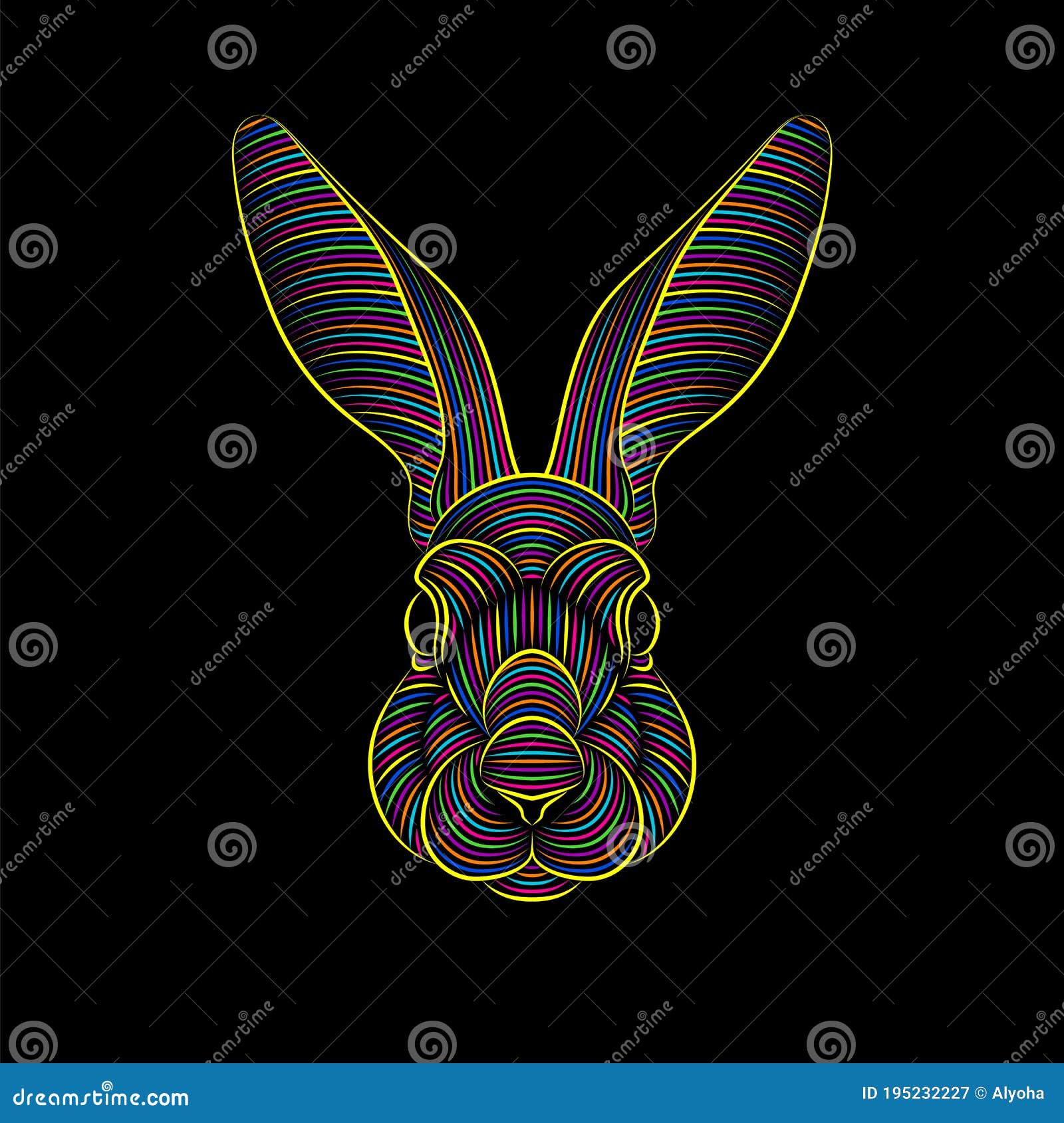 Engraving of Stylized Psychedelic Rabbit Portrait on Black Background ...