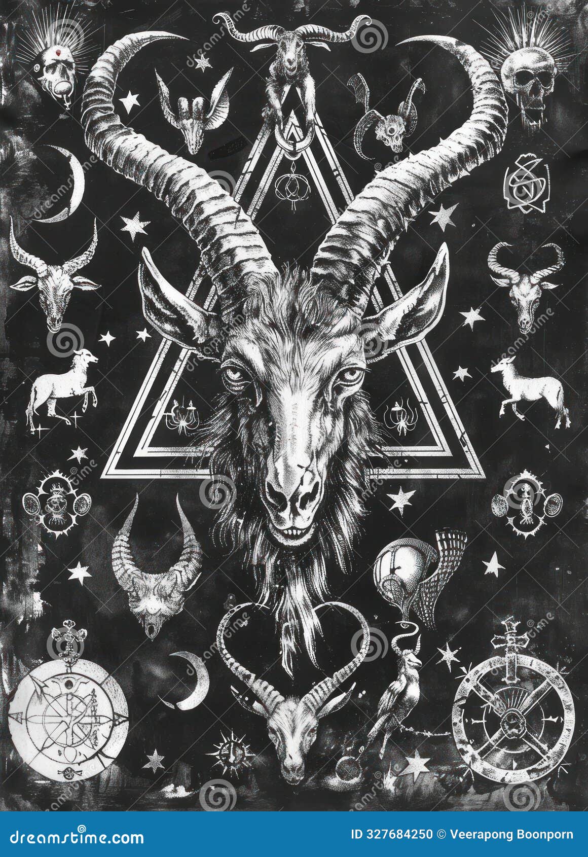 Engravings of Baphomet Surrounded by Esoteric Symbols and Artifacts ...