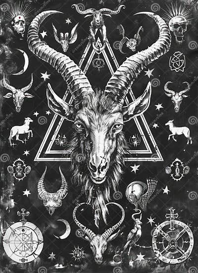 Engravings of Baphomet Surrounded by Esoteric Symbols and Artifacts ...
