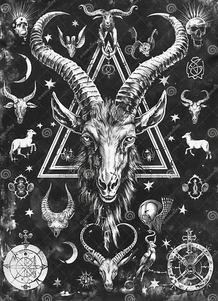 Engravings of Baphomet Surrounded by Esoteric Symbols and Artifacts ...