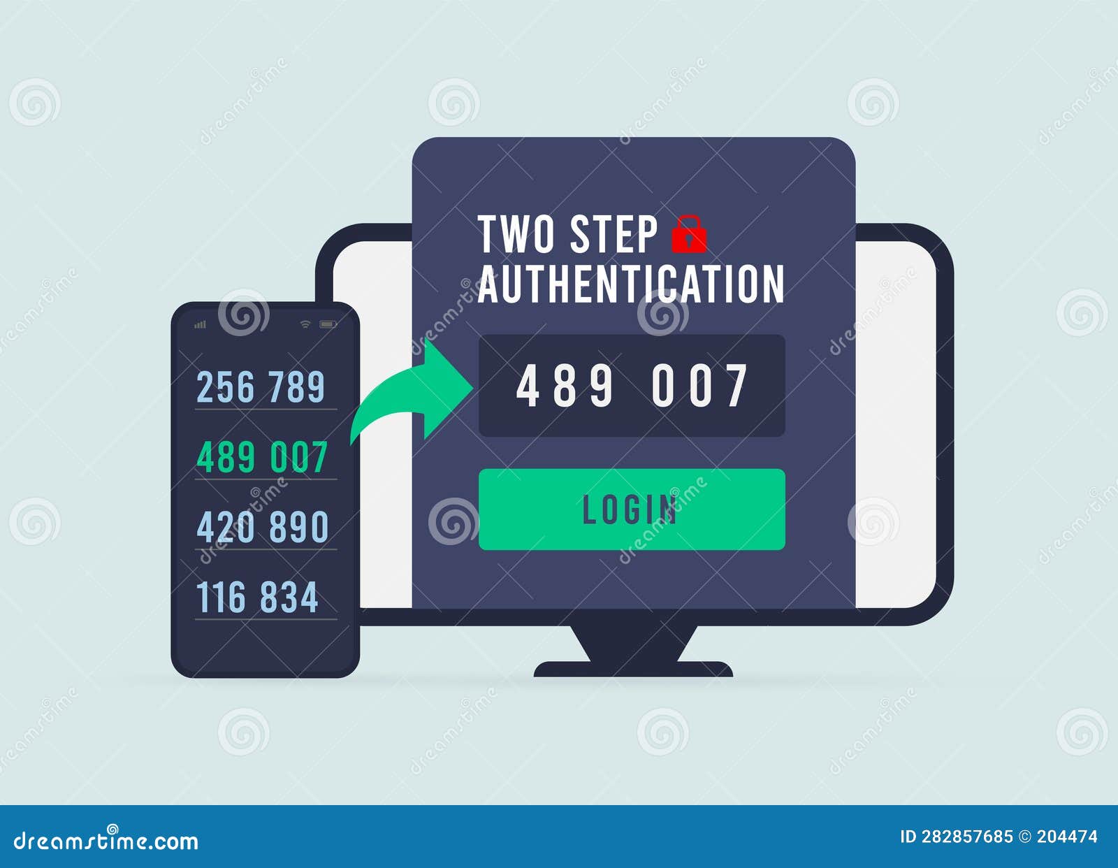 Two Step Authentication Vector Illustration. Smartphone And Computer ...