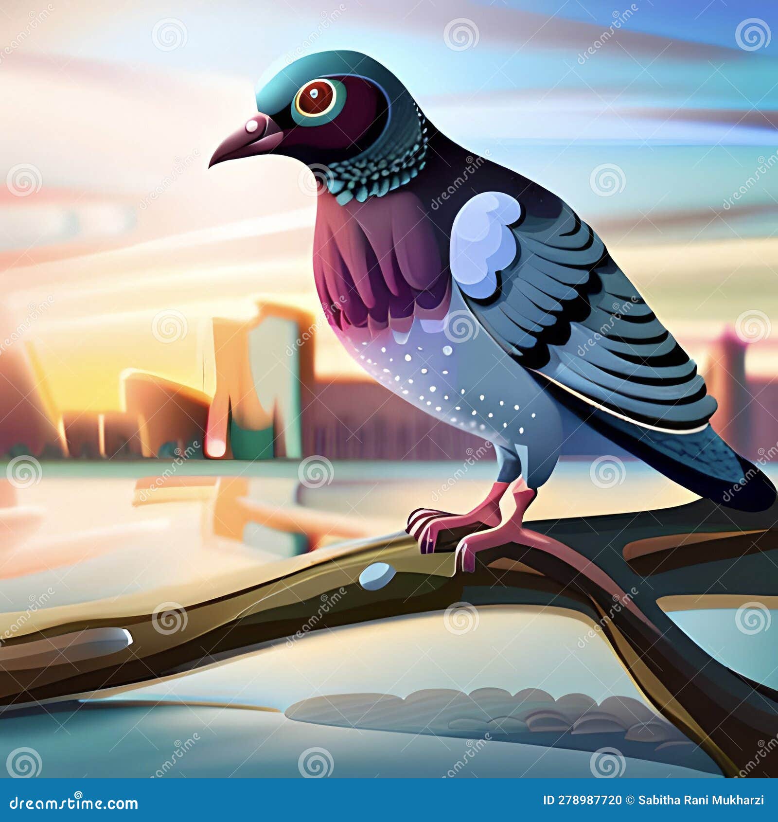 Cartoon-Style Pigeon: Serene Perch on a Riverbank Stock Illustration - Illustration of texture ...
