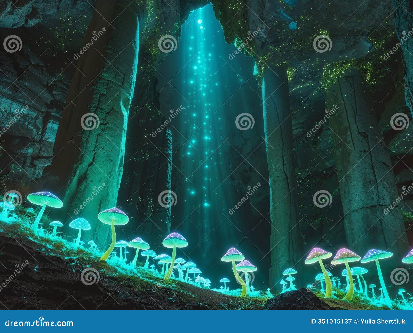 Enigmatic Cave with Tall Stone Pillars and Glowing Lights Stock ...