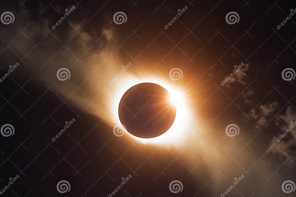 Enigmatic Eclipse, Clouds Shroud the Celestial Event, Sun Flare Breaks through Stock ...