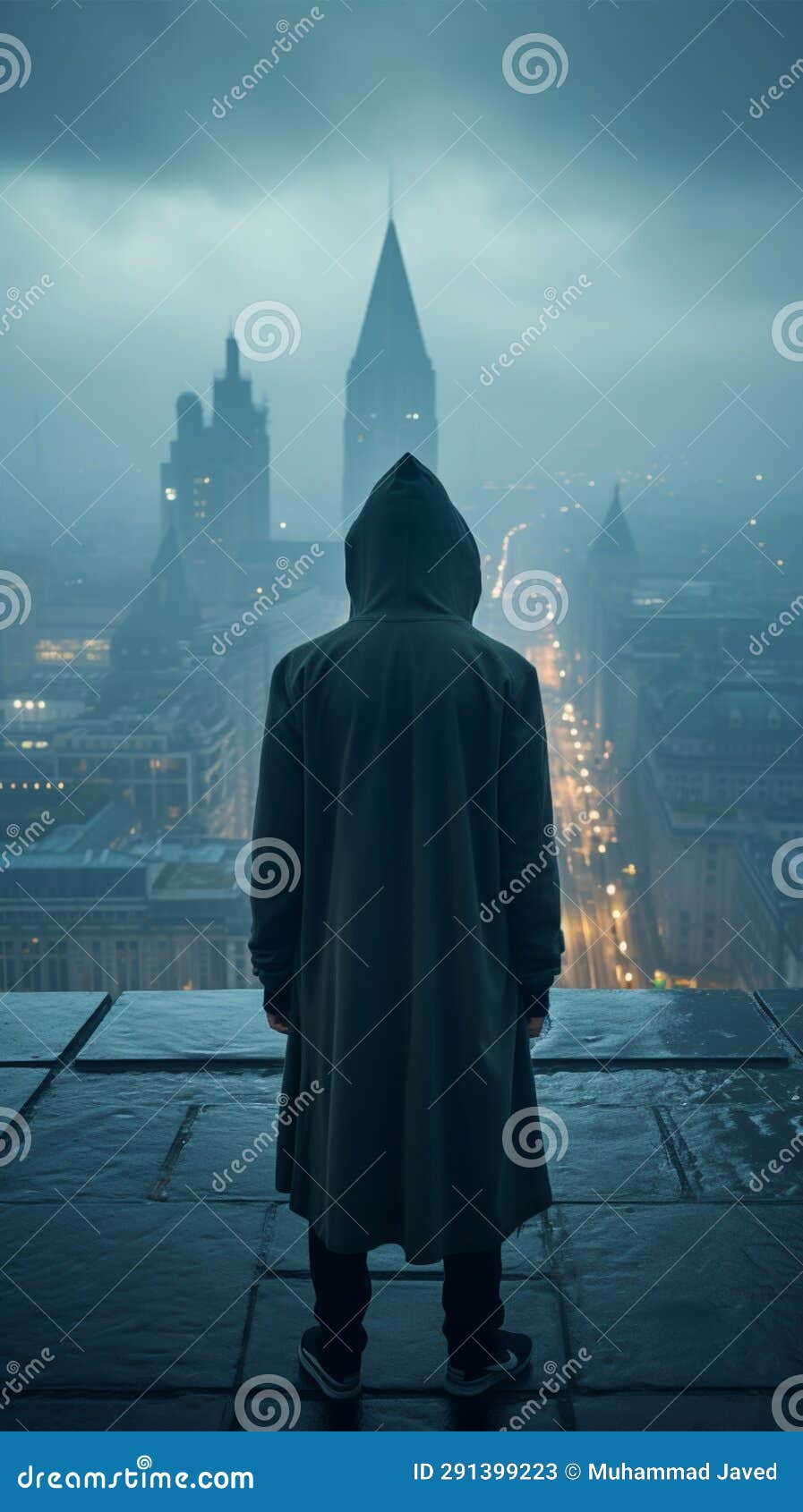 Enigmatic Man in Hood on Rooftop, Identity Hidden, Accompanied by Void ...