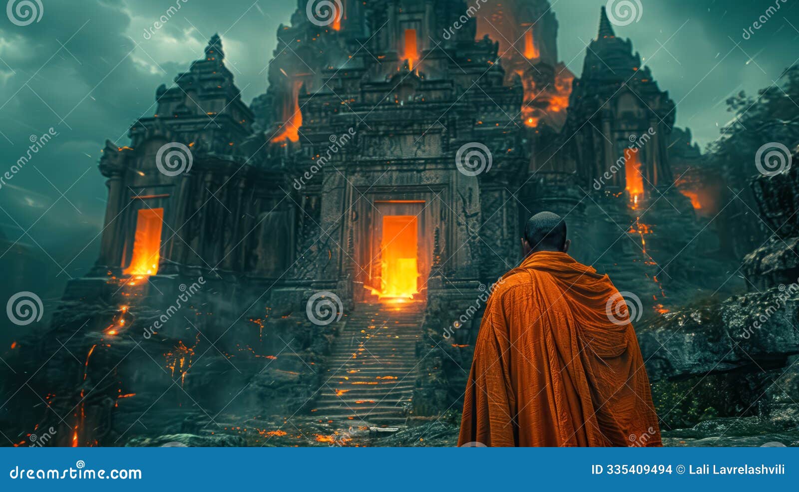 Enigmatic Monk Standing Front of Haunted Scarry Castle Stock ...