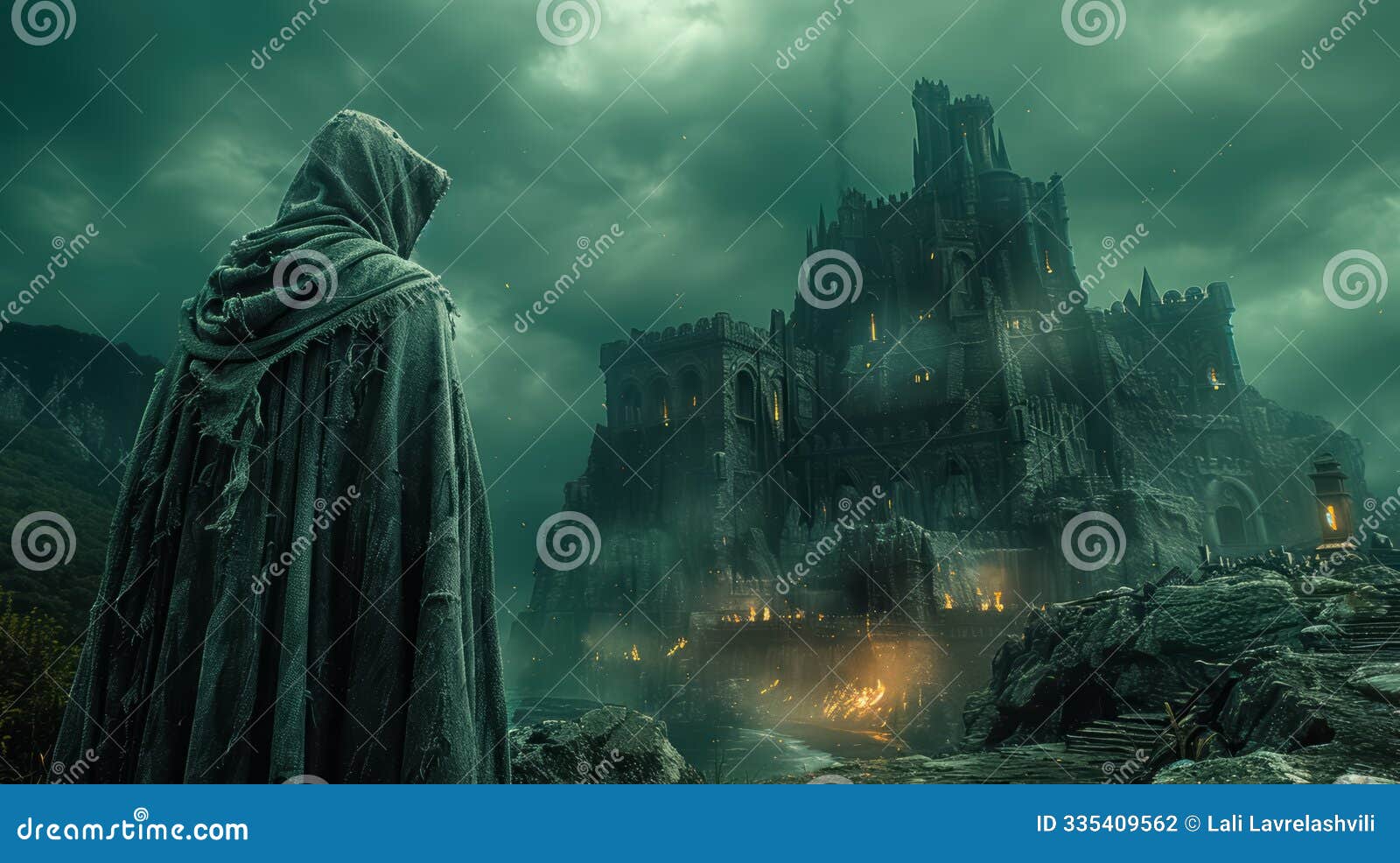 Enigmatic Monk Standing Front of Haunted Scarry Castle Stock ...