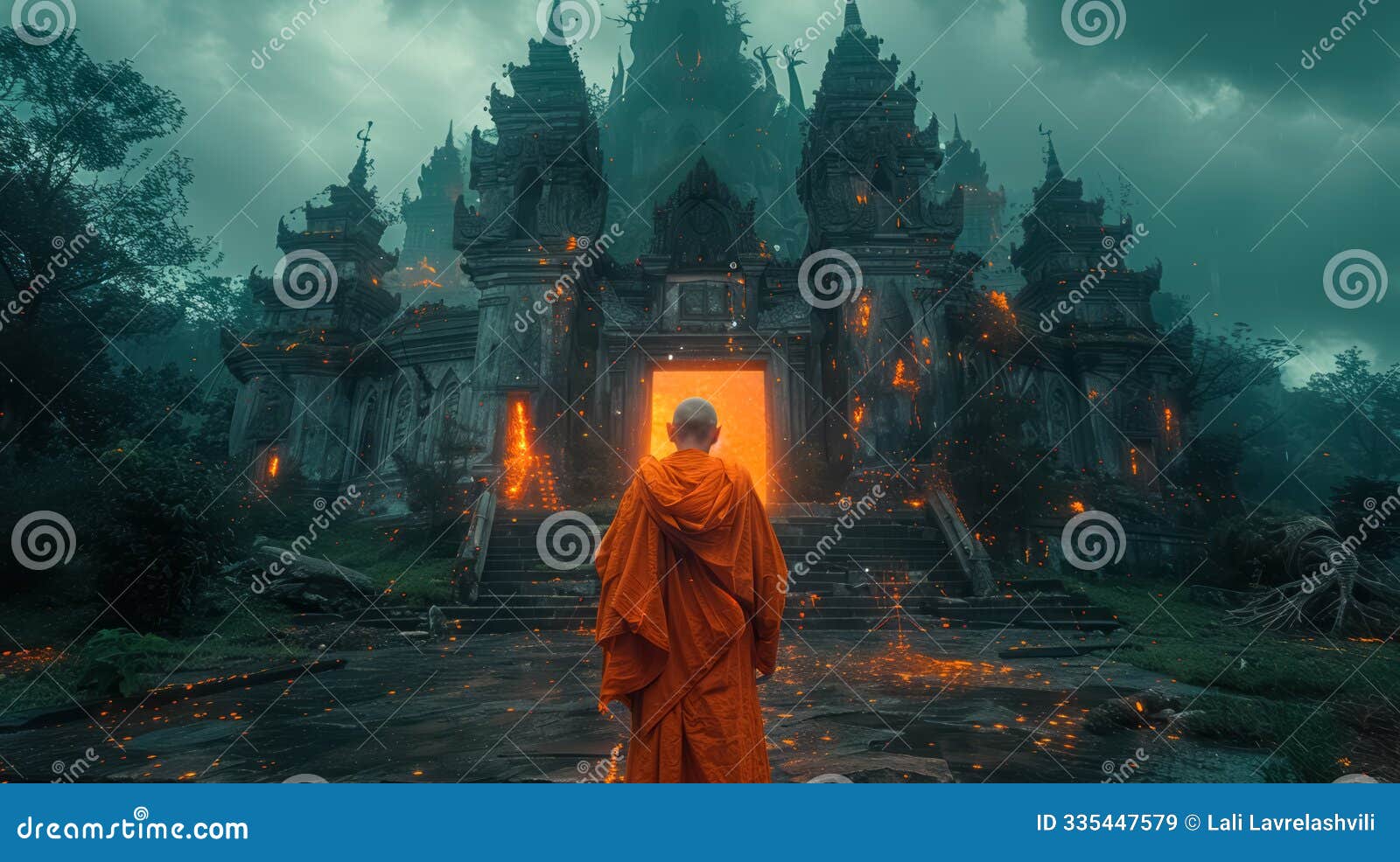 Enigmatic Monk Standing Front of Haunted Scarry Castle Stock ...