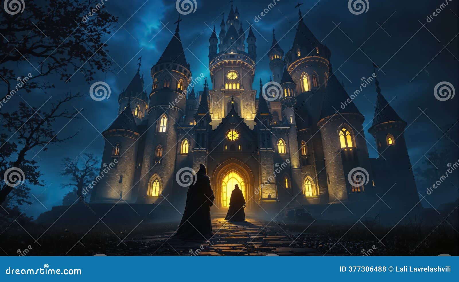 Enigmatic Monk Standing Front Of Haunted Scarry Castle. Generative AI ...