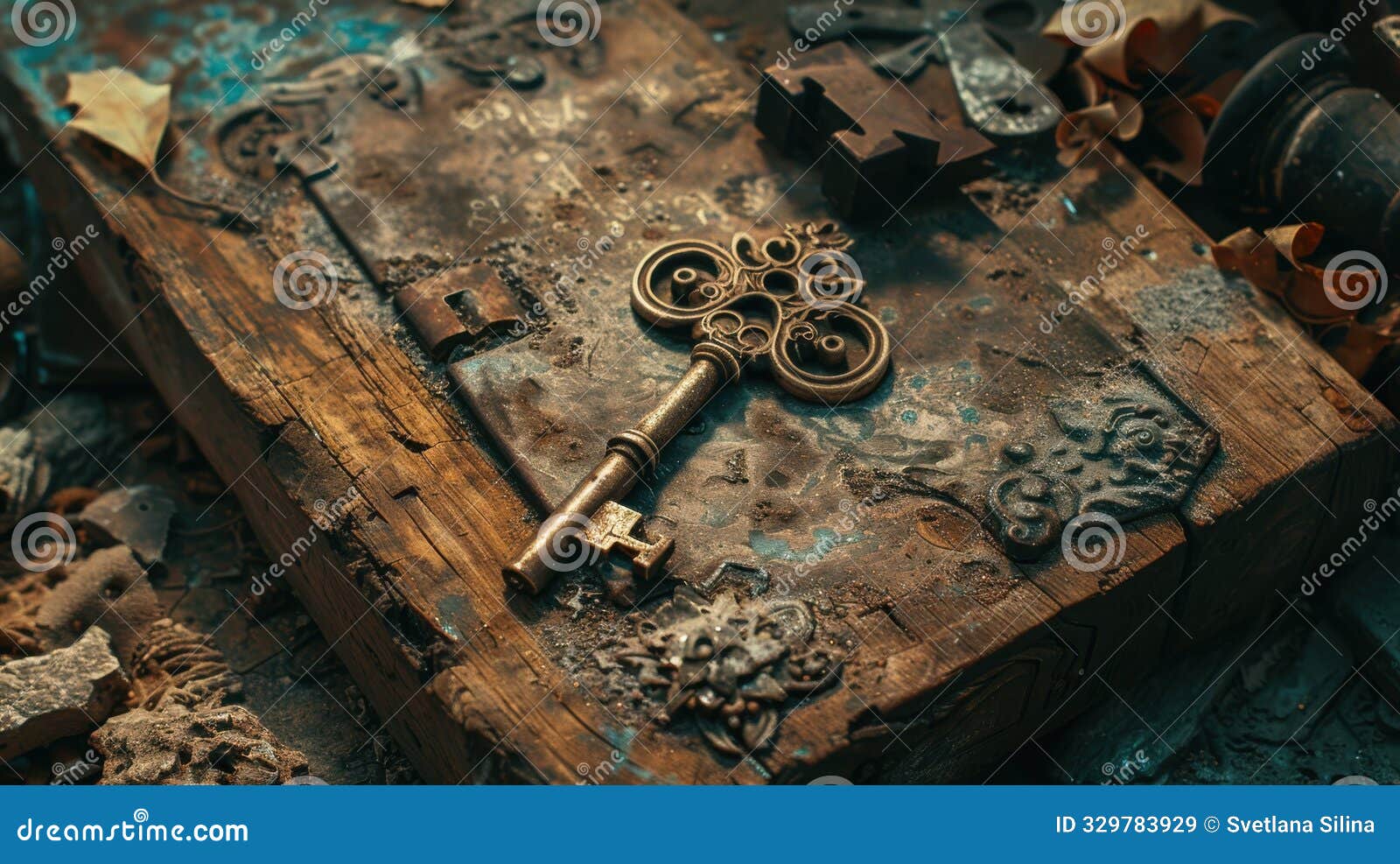 Enigmatic Photo of an Old Key and Ancient Lock on Rustic Table with ...
