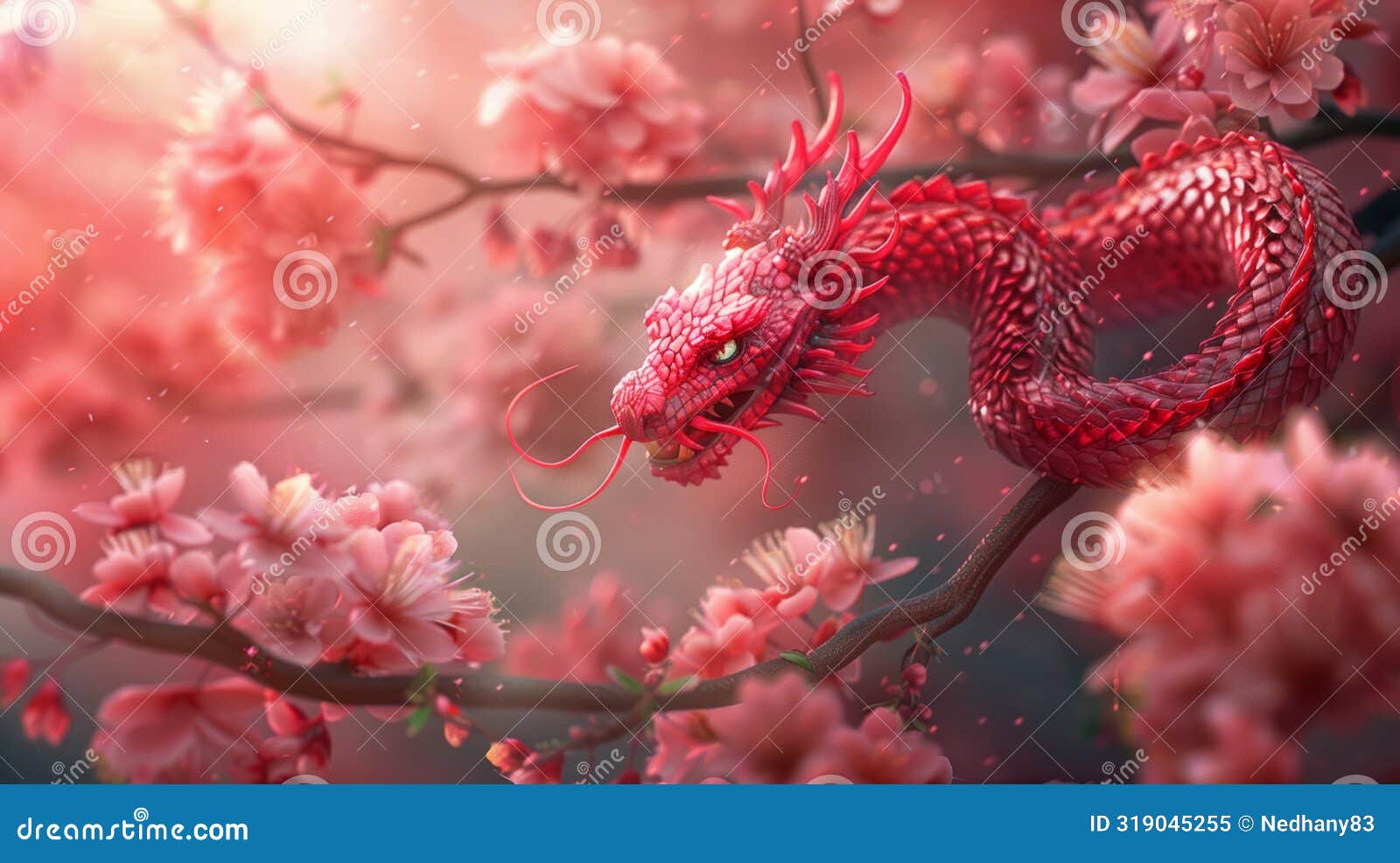 Enigmatic Red Serpent Twining through Cherry Blossoms in Spring Stock ...