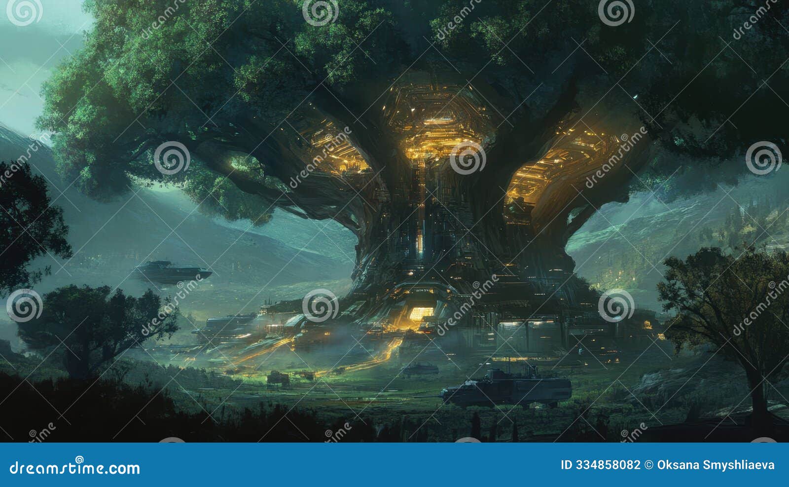Enigmatic Sci-Fi Landscape: Futuristic Tree City at Dusk Stock Photo ...