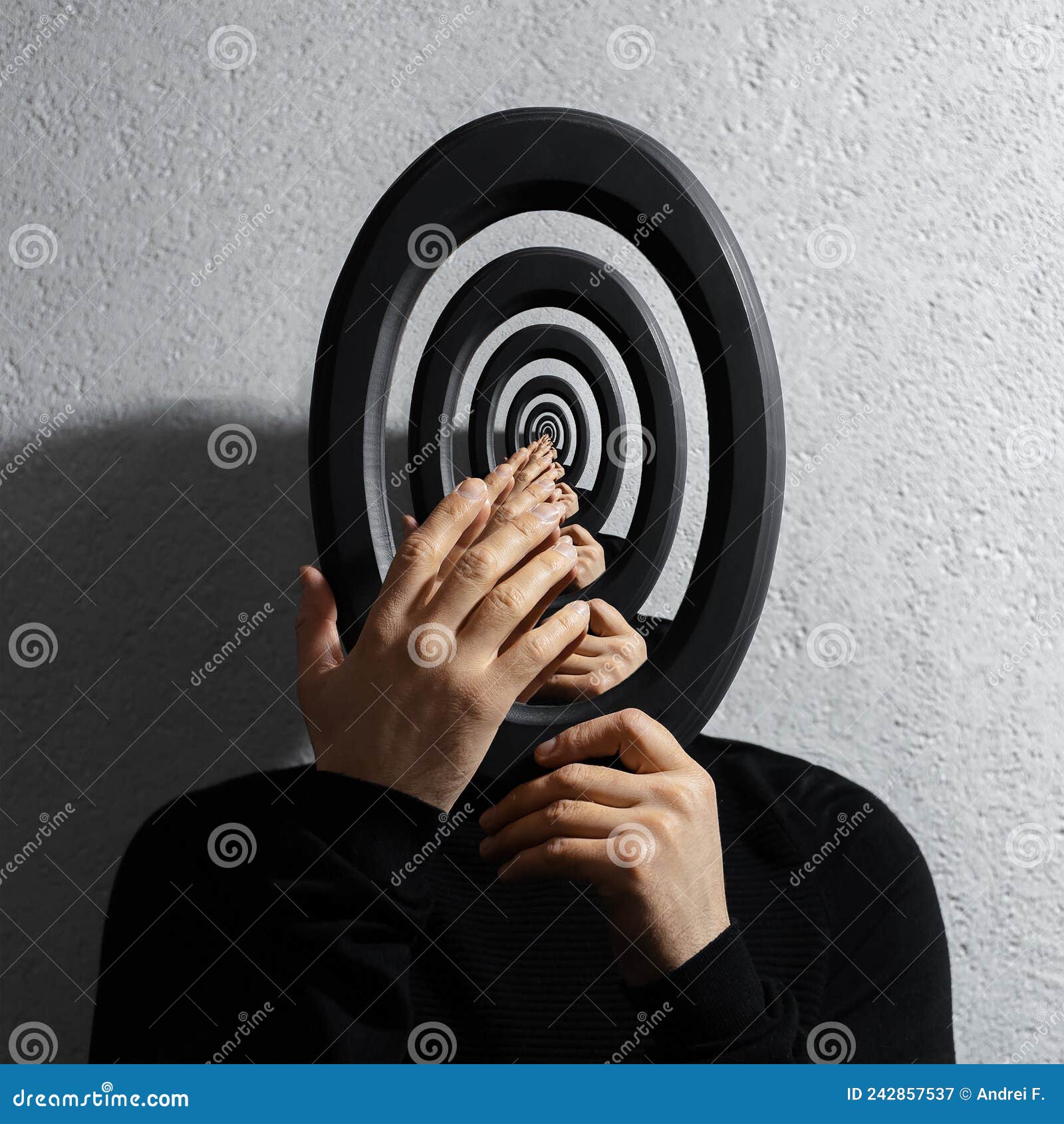 Enigmatic Surrealistic Optical Illusion, Young Man Holding Round Frame ...