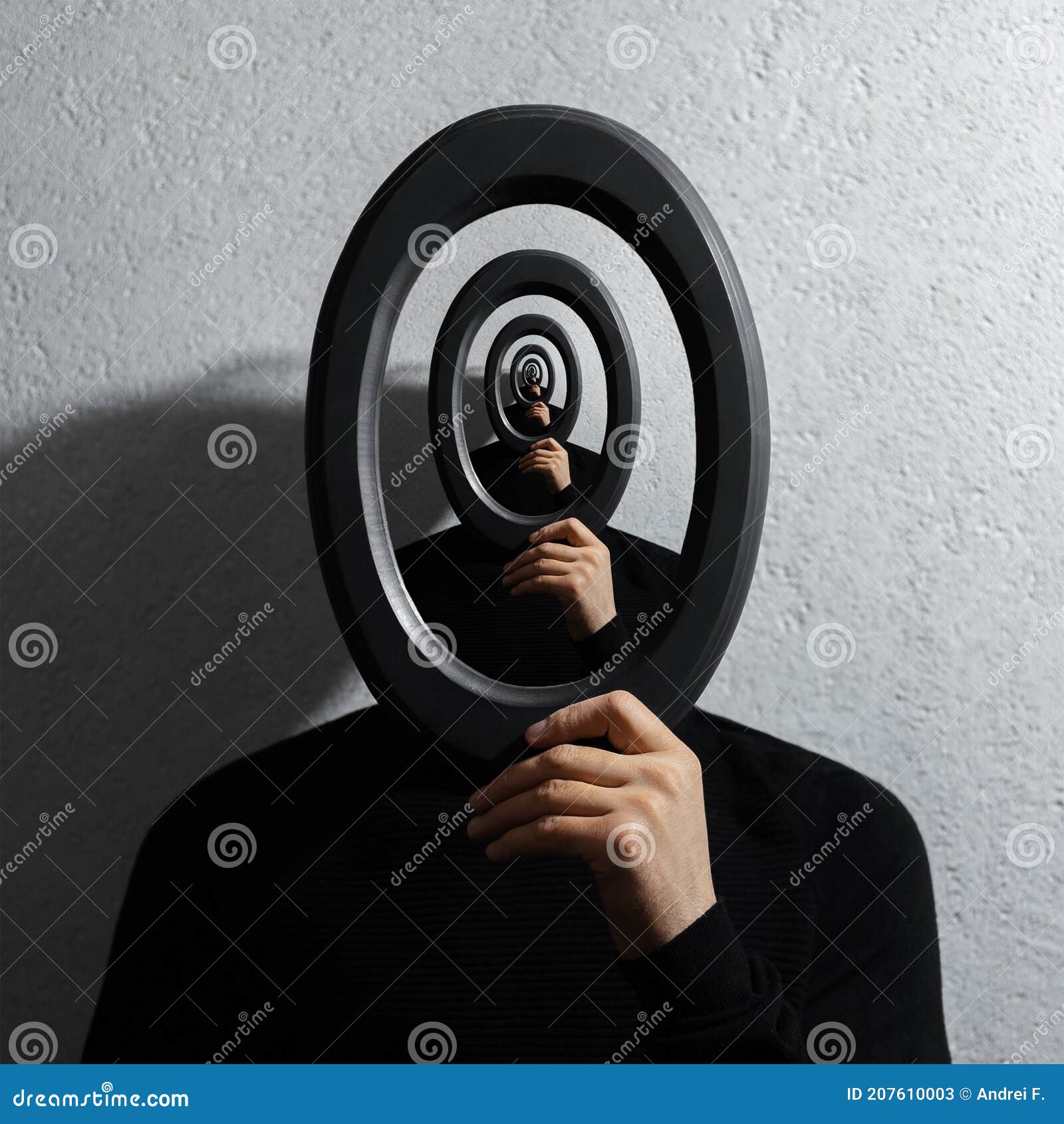Enigmatic Surrealistic Optical Illusion, Young Man Holding Round Frame ...