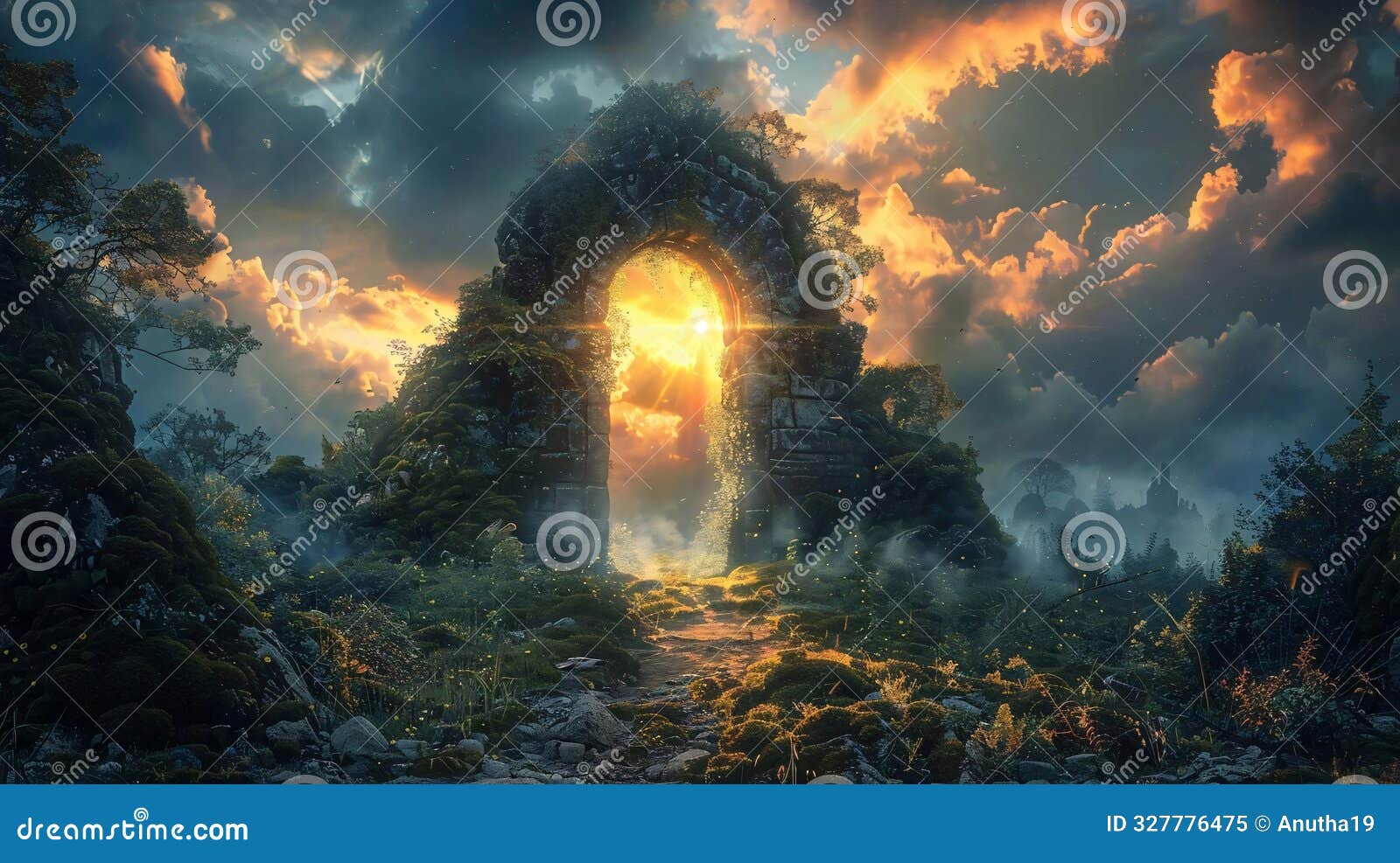 Enigmatic Twilight Realm with Glowing Paths and Dimensional Gate in ...