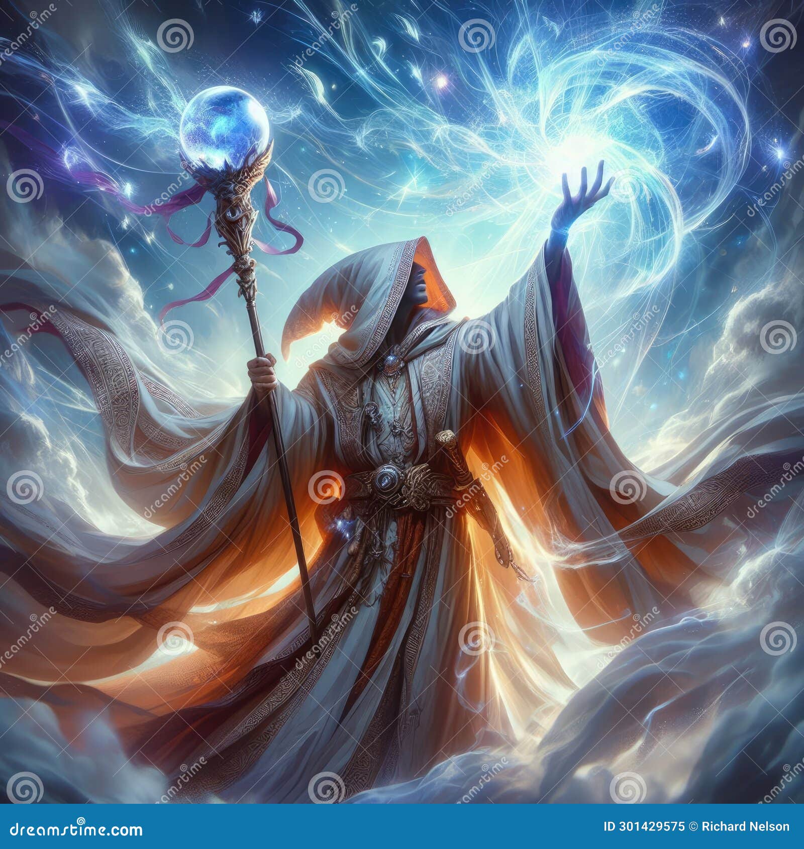 Wizard Casting Spell with Orb Staff Stock Illustration - Illustration ...