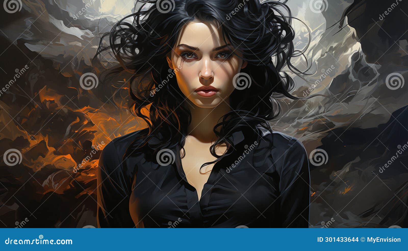 Enigmatic Woman in Foreboding Storm with Long Black Hair Stock ...