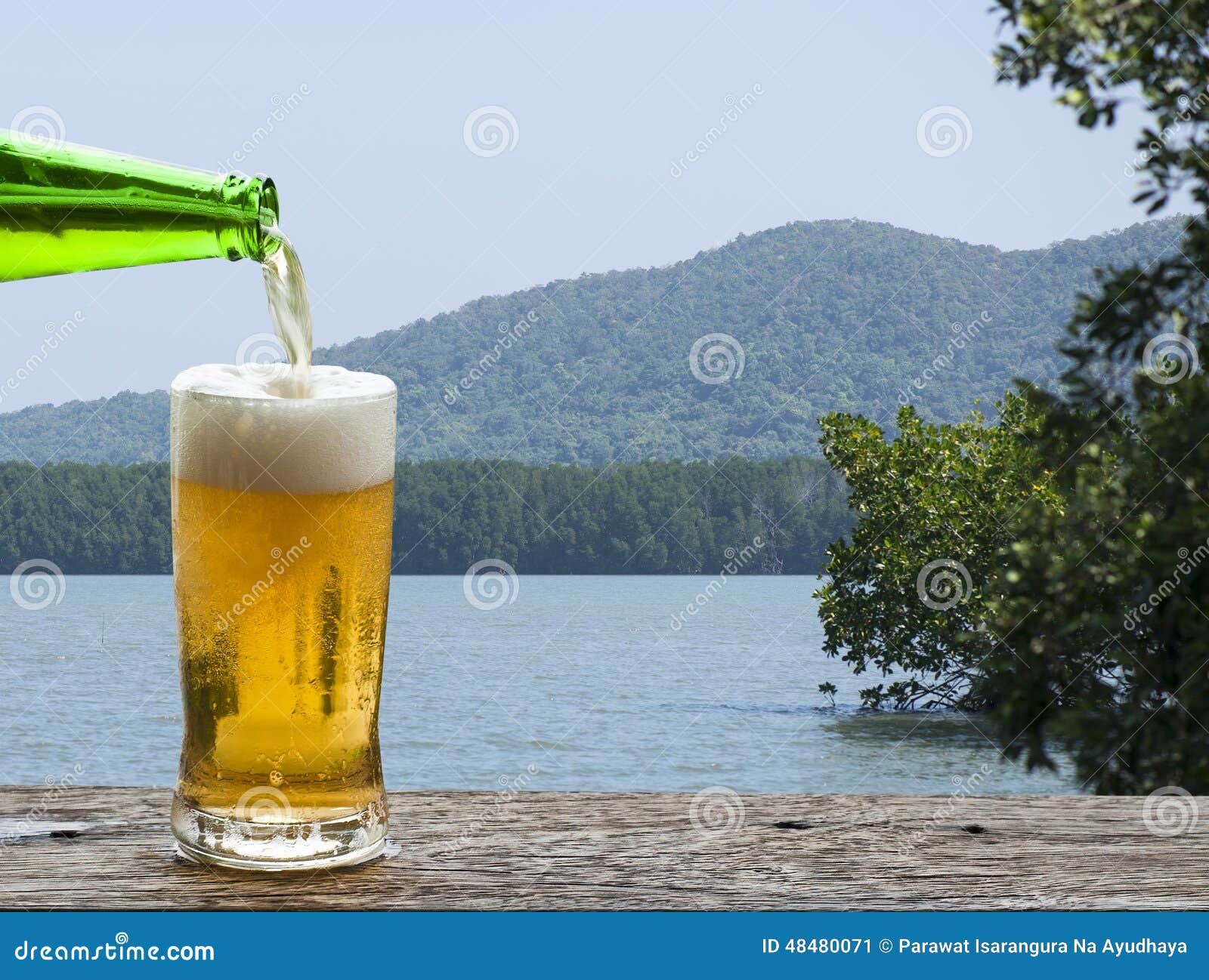 Enjoy Beer with Sea Landscape. Stock Image - Image of forest, gold ...
