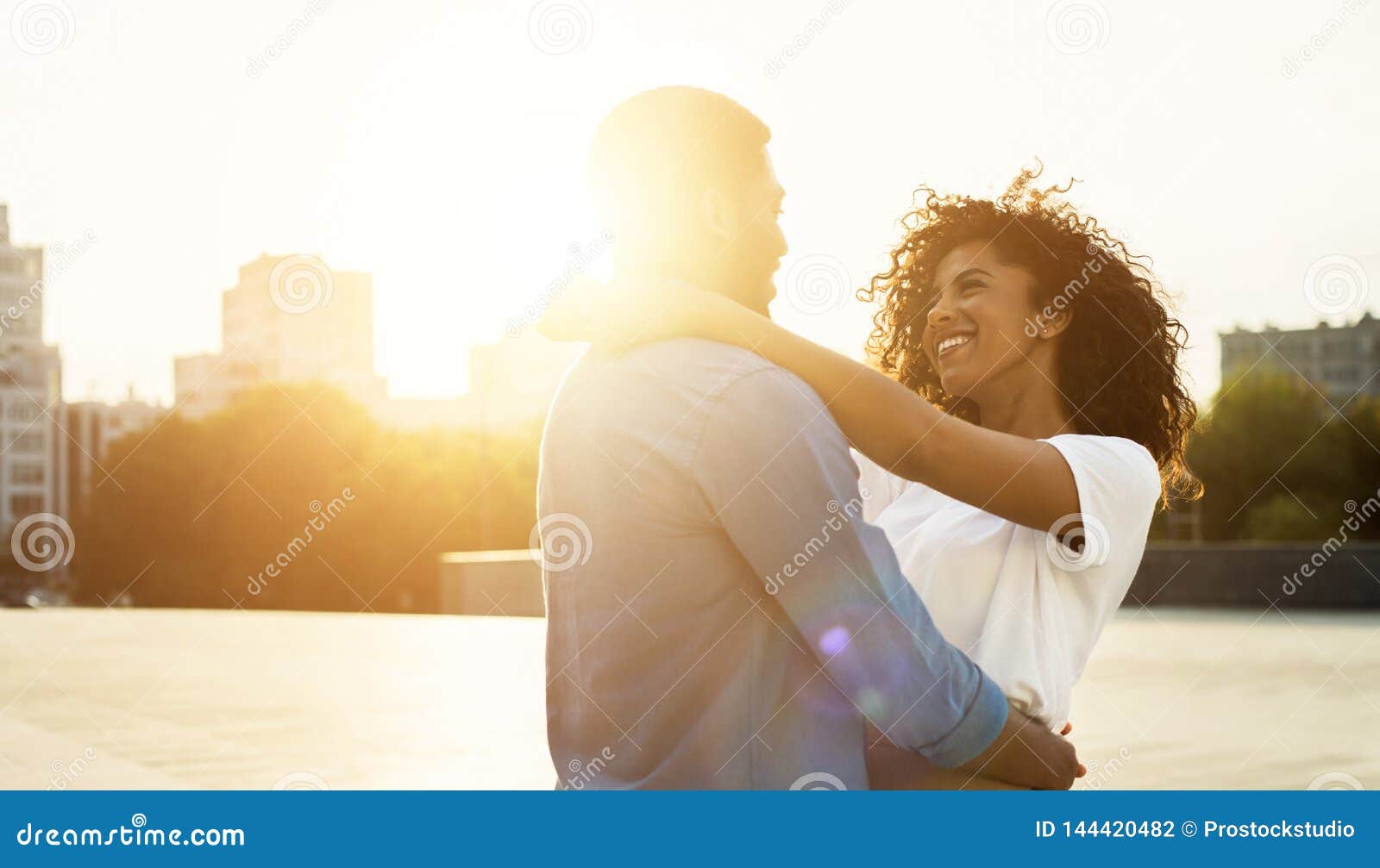 Enjoy Moment. Loving Couple Hugging at Sunset Stock Photo - Image of ...