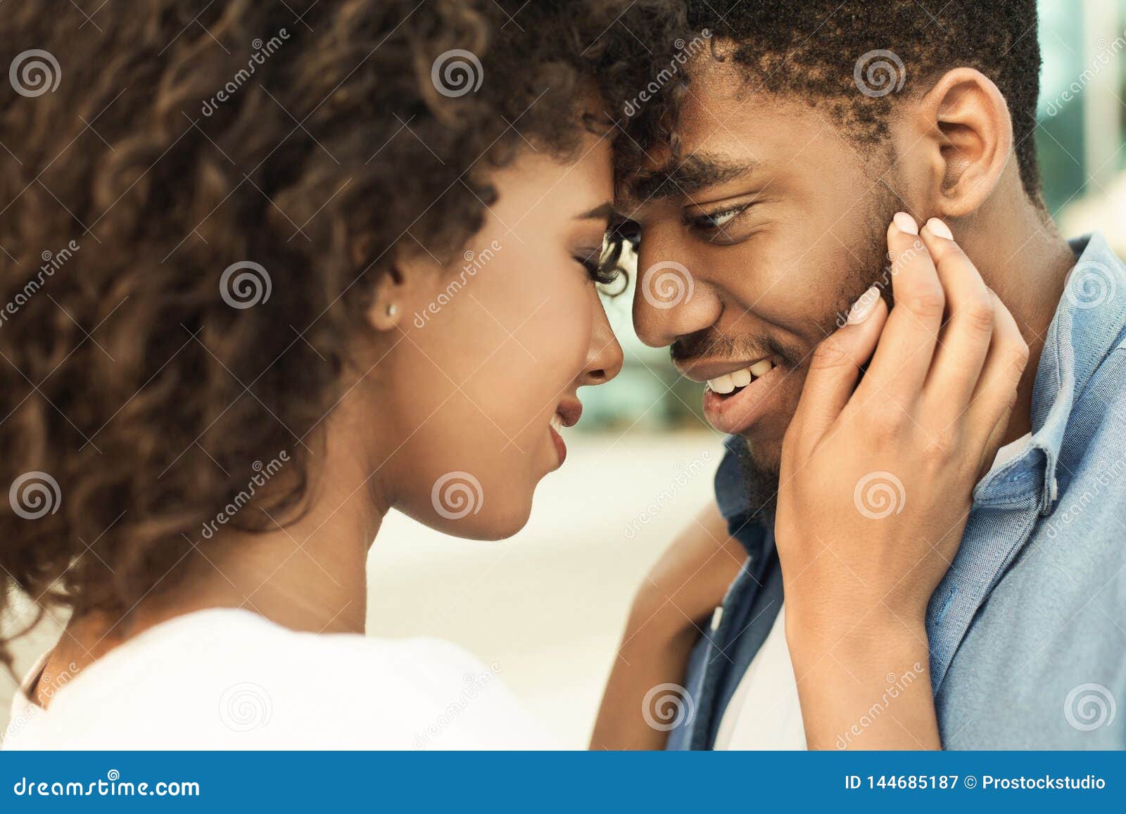 Enjoy Moment Tender Couple Touching Foreheads On Date Stock Image