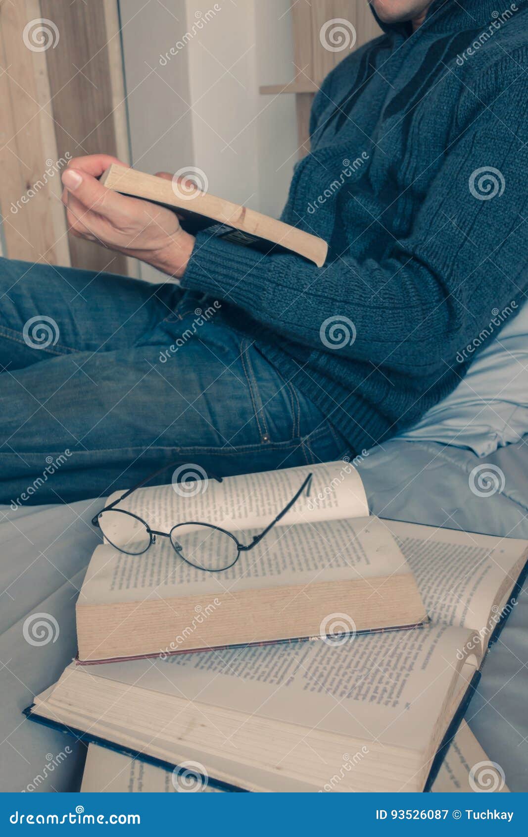 Enjoy reading bed. stock image. Image of literacy, glasses - 93526087