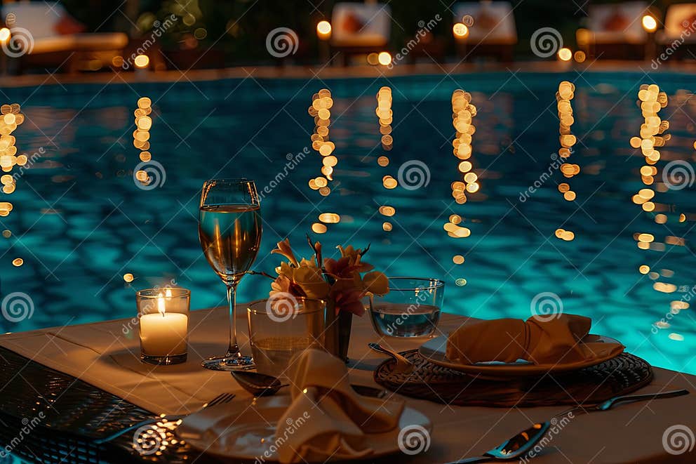 Romantic Evening Dinner Set by the Poolside with Candles and Soft Lighting for a Memorable ...