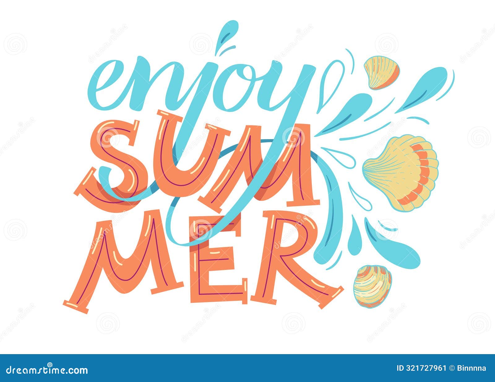 Enjoy Summer Hand Drawn Lettering with Water Splashes and Shells Stock ...