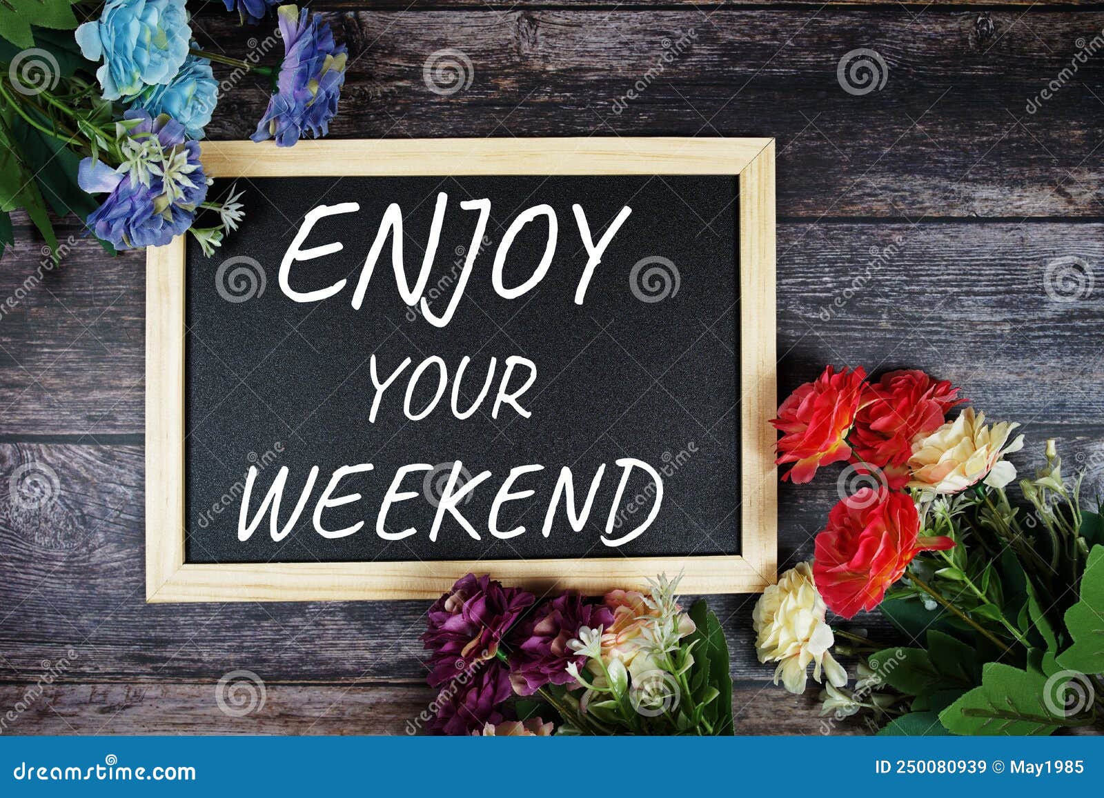 Enjoy Your Weekend Typography Text and Flower Decoration on Blackboard ...
