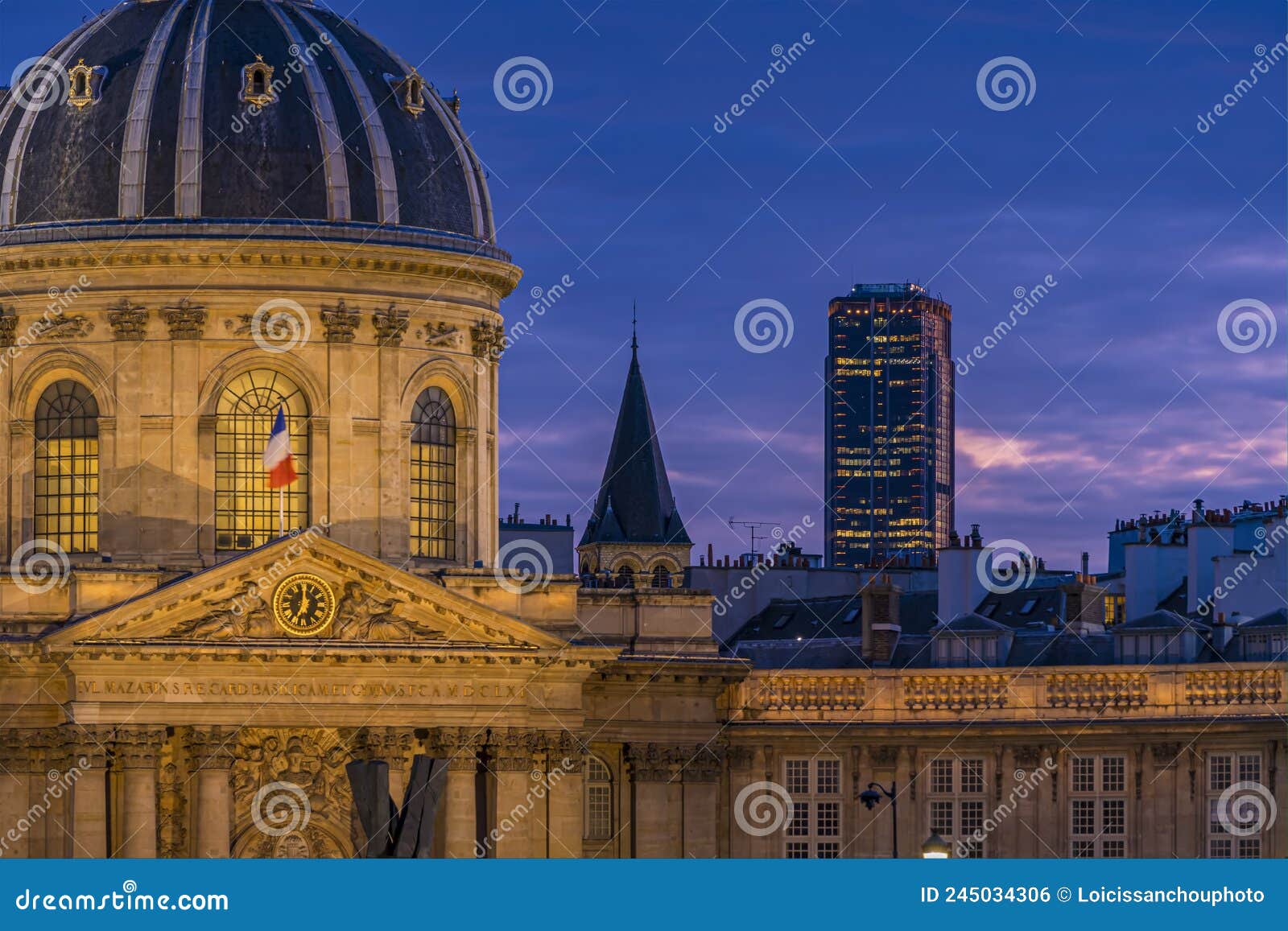 Enlightened Monuments at Dusk in Paris with Montparnass Tower Above ...
