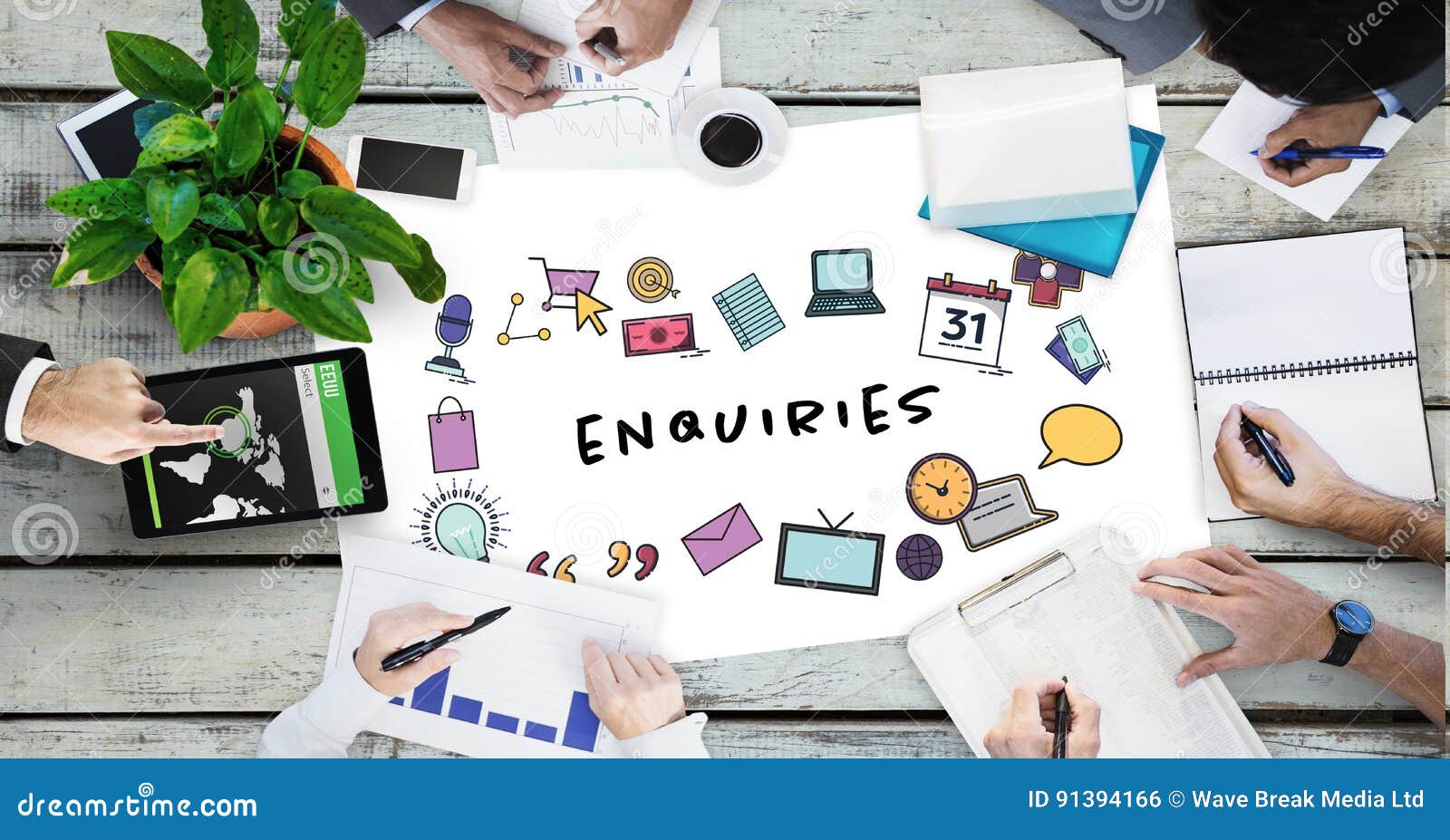 Enquiries Text by Icons and Hands Stock Illustration - Illustration of ...