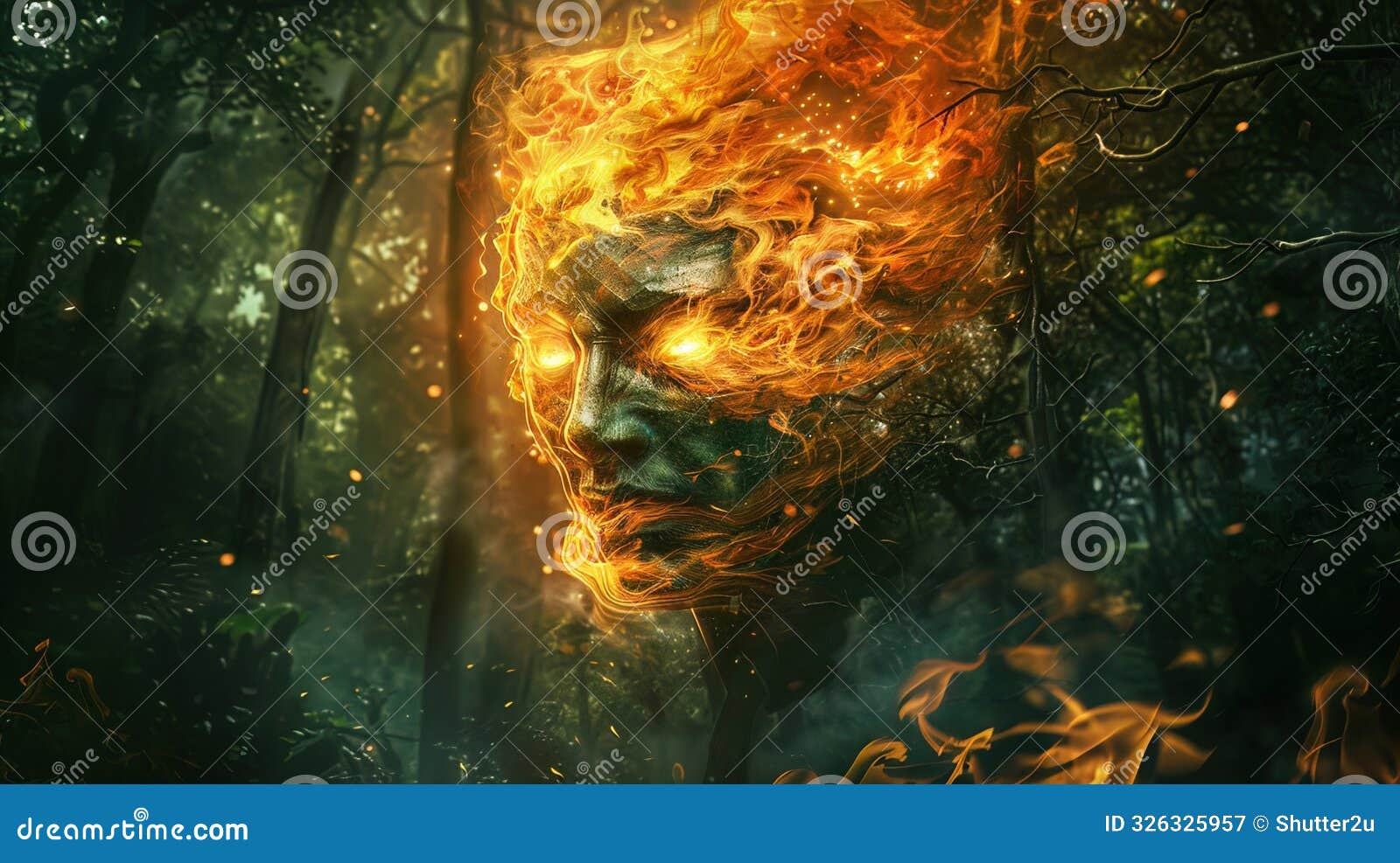 Enraged Elemental Spirit Face Merged with Fire in a Dark Mystical ...