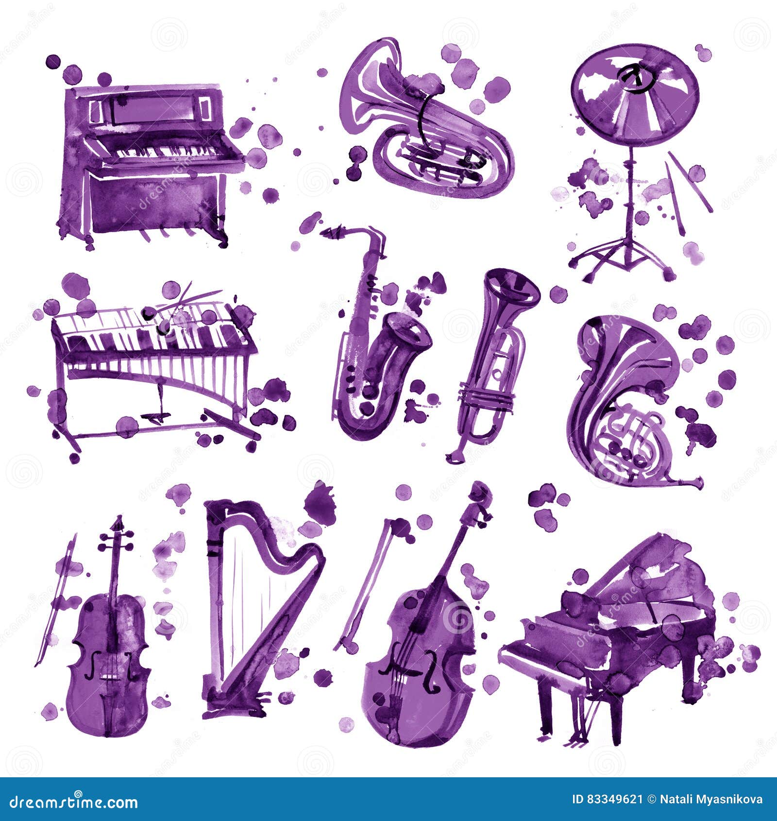 Ensemble D'instruments De Musique Violets D'aquarelle Illustration ...