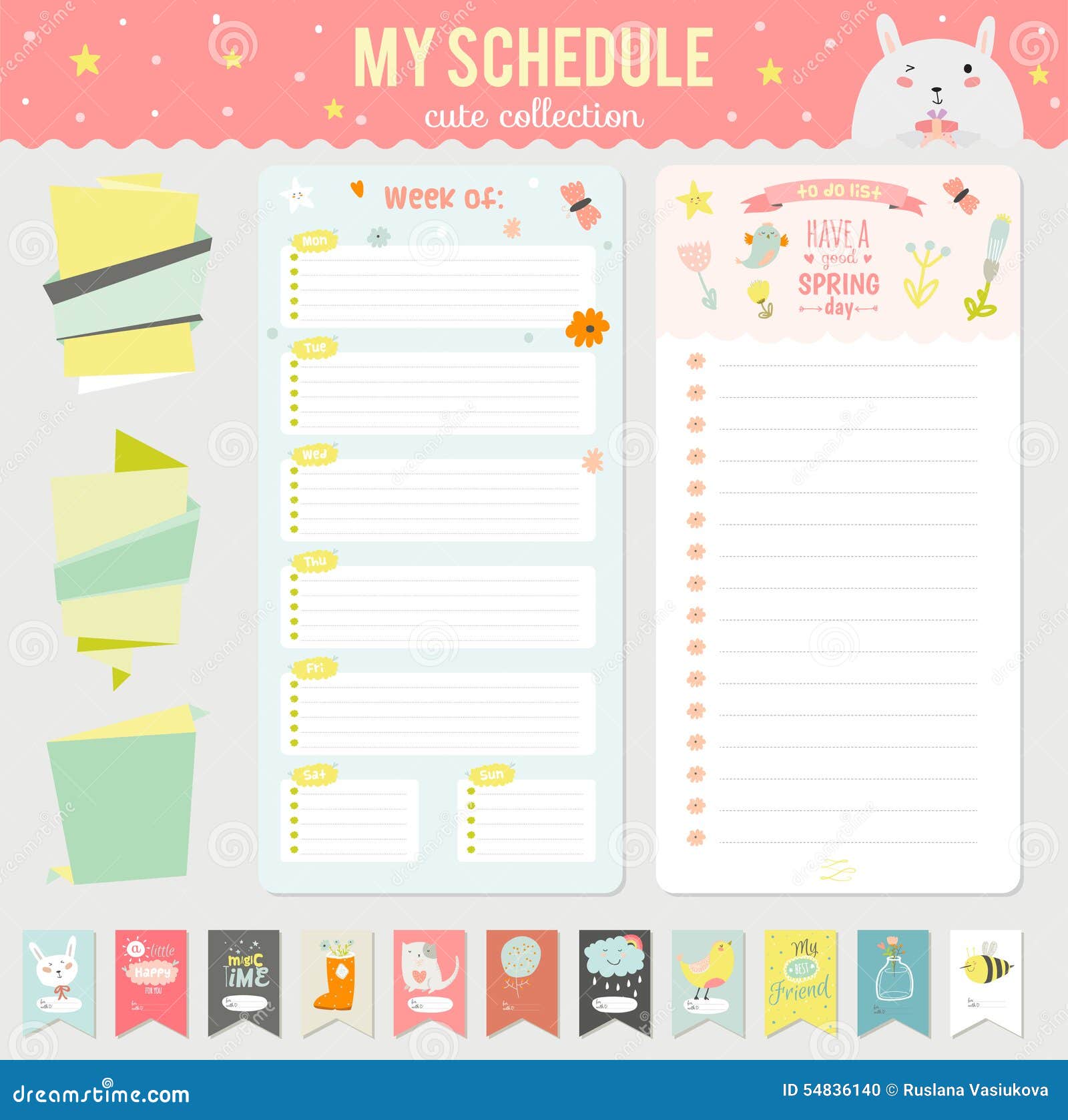 Ensemble De Cartes, De Notes Et D'autocollants Avec Mignon Illustration ...