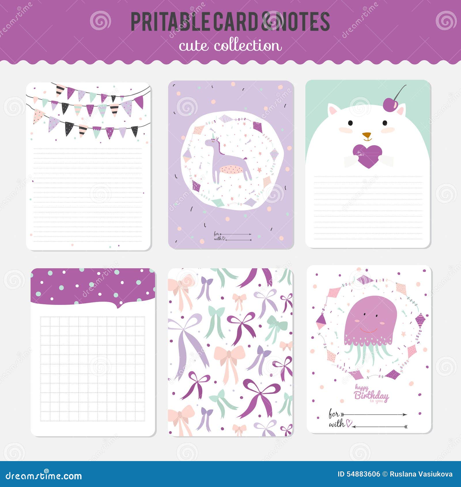 Ensemble De Cartes, De Notes Et D'autocollants Avec Mignon Illustration ...