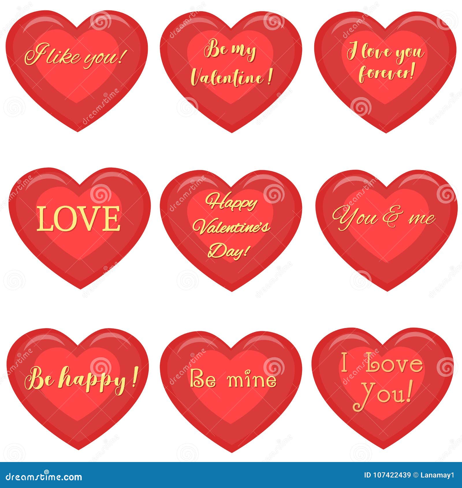 Ensemble De Coeurs Rouges Mignons Avec Le Texte D'or Illustration de ...