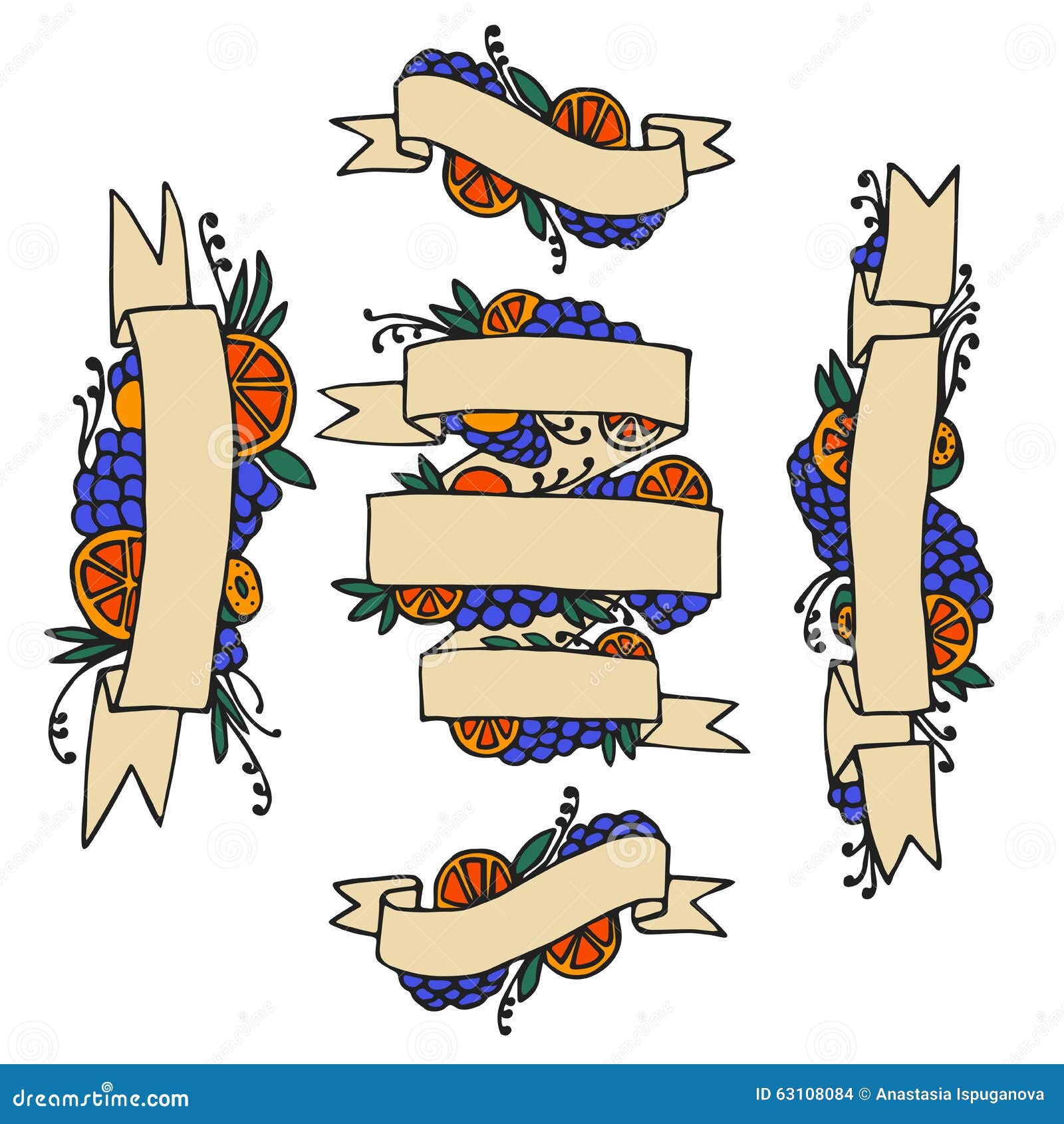 Ensemble De Rubans Fleuris De Fruit De Griffonnage Illustration Stock ...