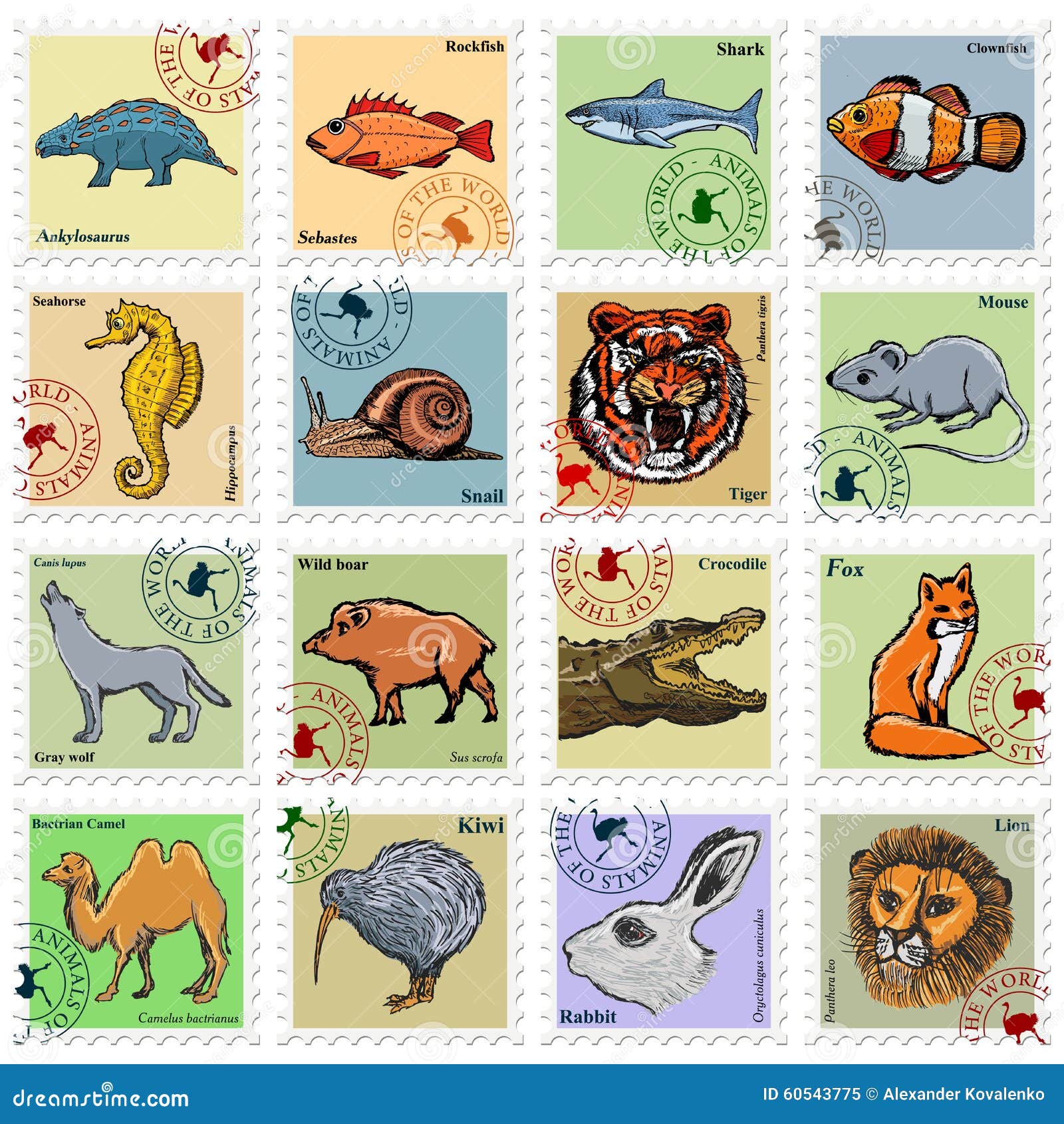 Ensemble De Timbres Avec Différents Animaux Illustration Stock ...