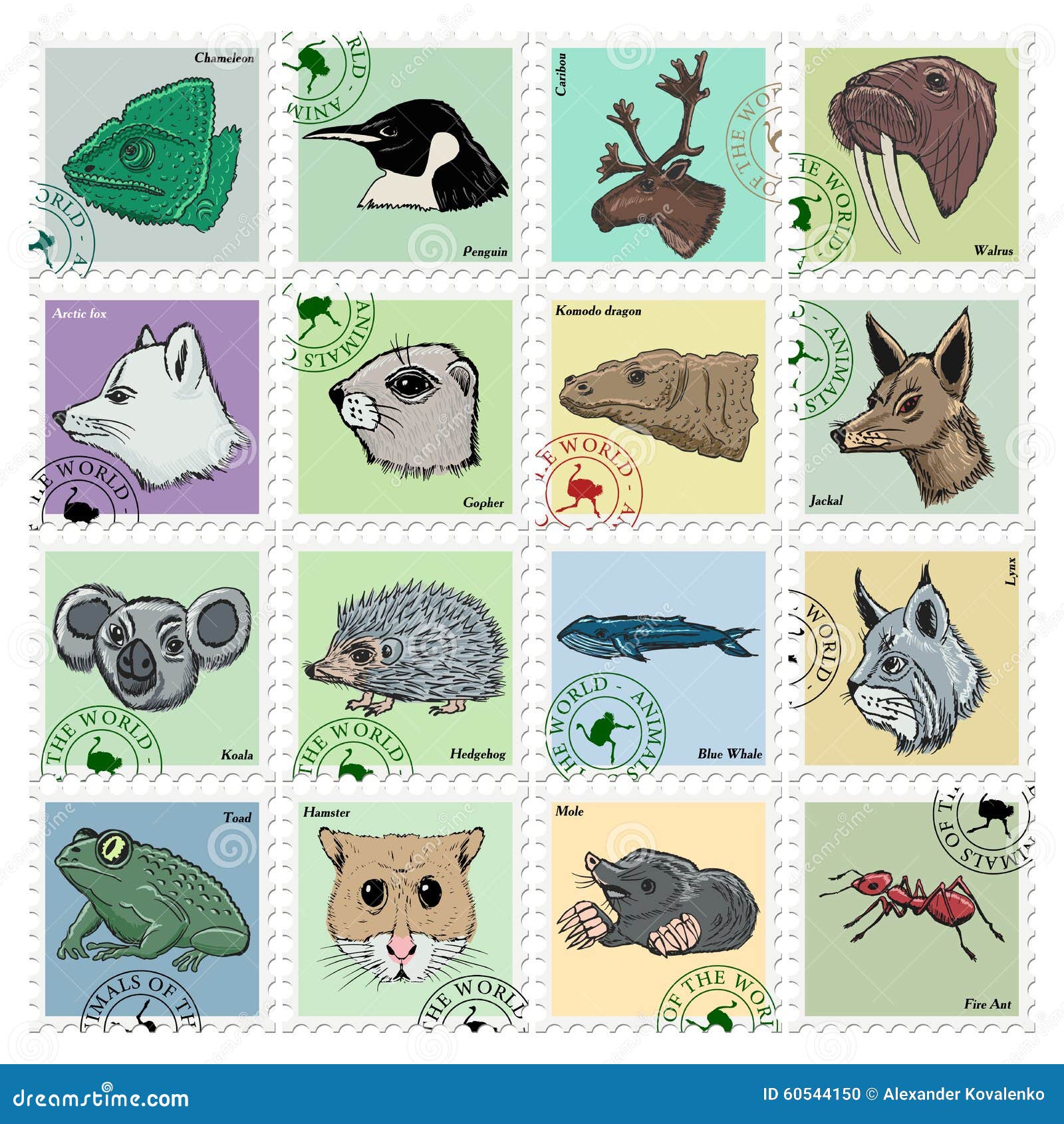 Ensemble De Timbres Avec Différents Animaux Illustration Stock ...