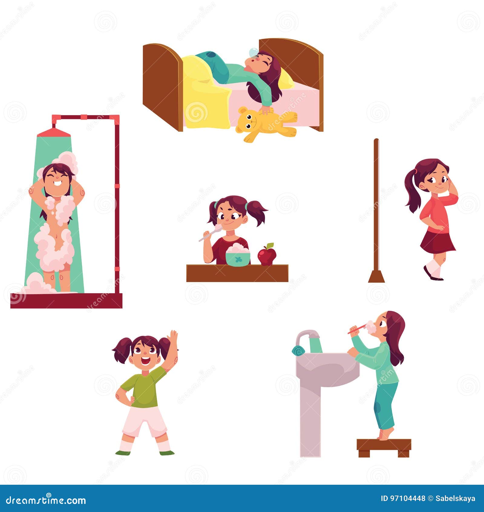 Ensemble Quotidien De Routine De Matin, Petite Fille Illustration de ...