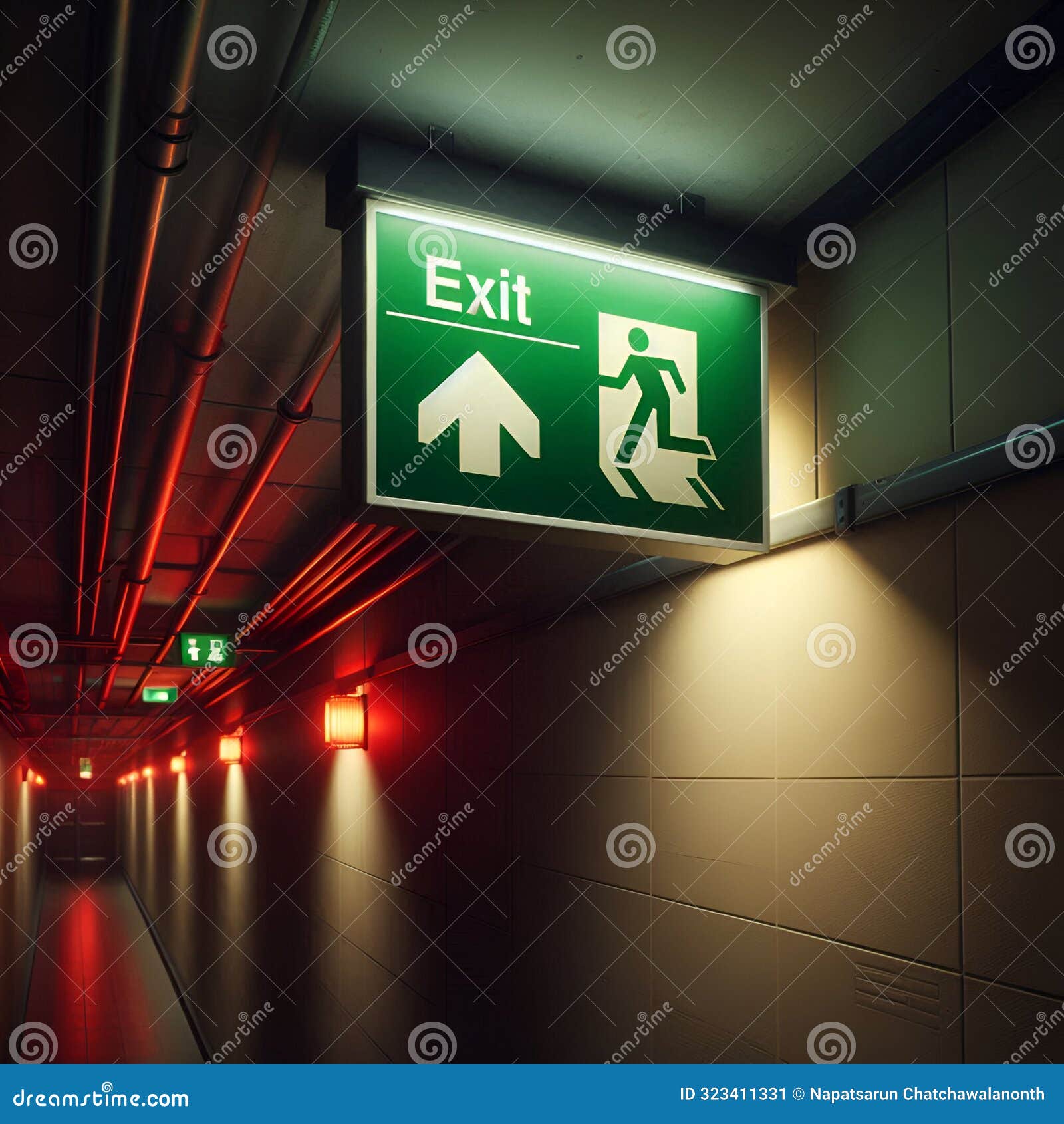 Emergency Exit Sign: Fire Escape Signage Along Walkway, Generative AI ...