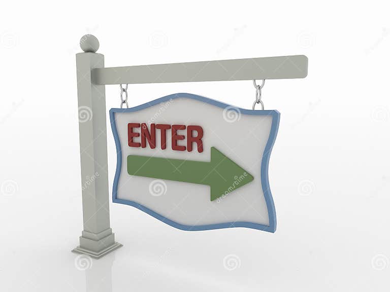 Enter Message Signboard on Post with Chains on White Background Stock ...