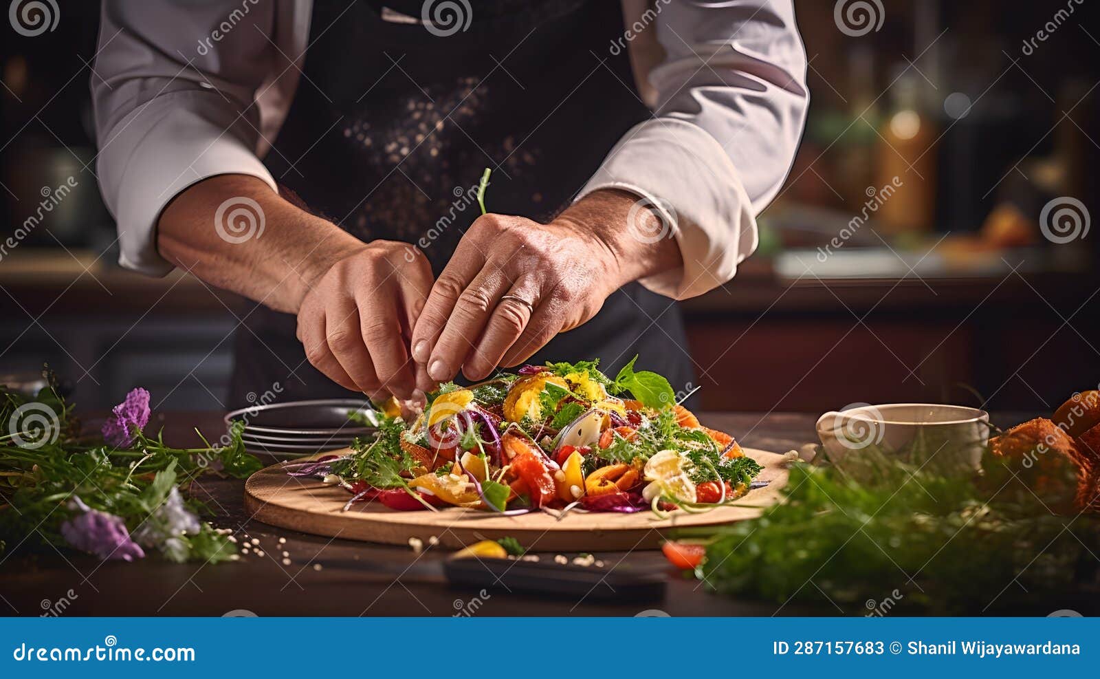 Chef Hands, Cook Crafting Gourmet Dish with Vibrant Fresh Ingredients ...