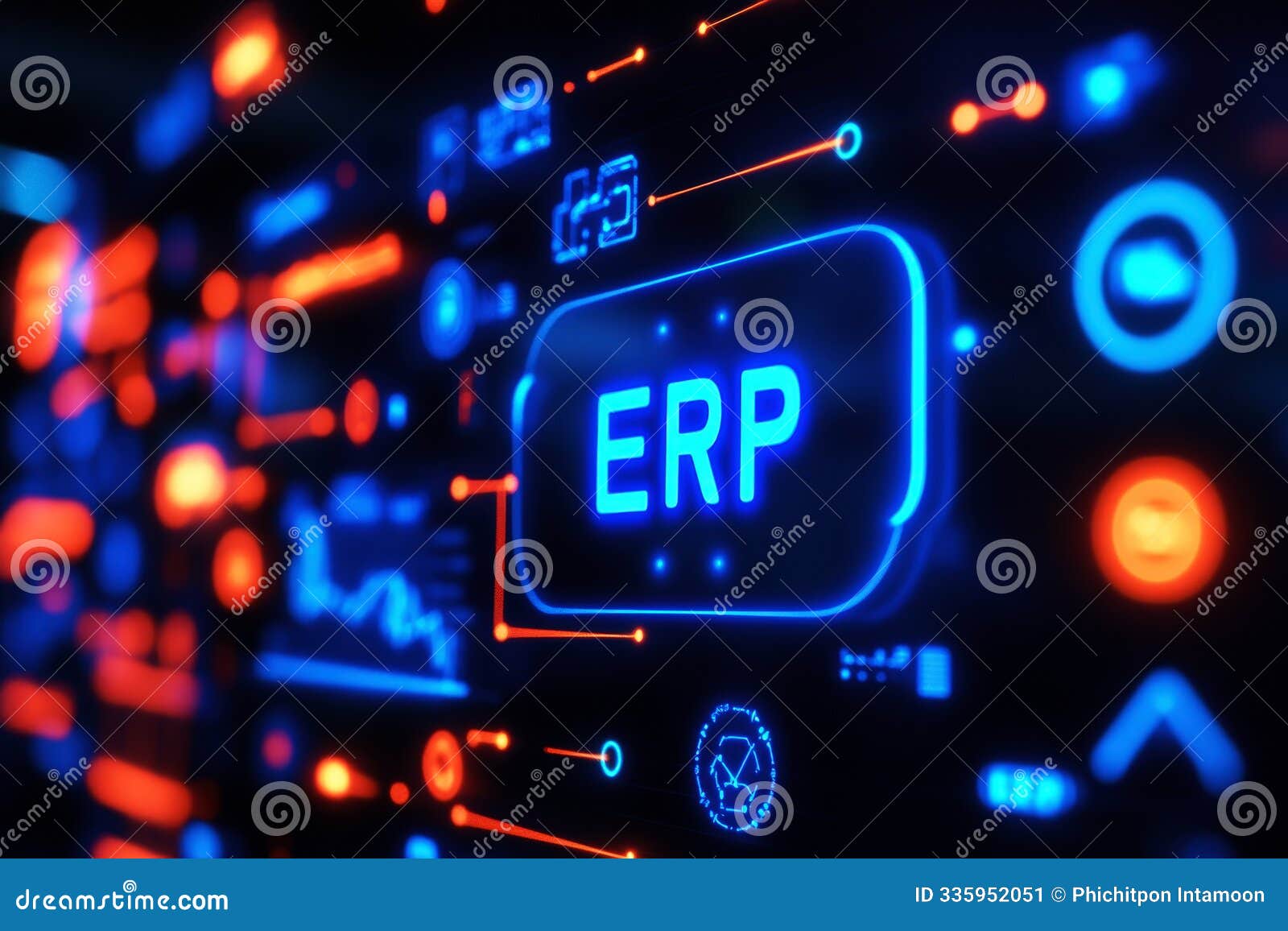 Enterprise Resource Planning (ERP) Text on Blue Screen Board Background ...