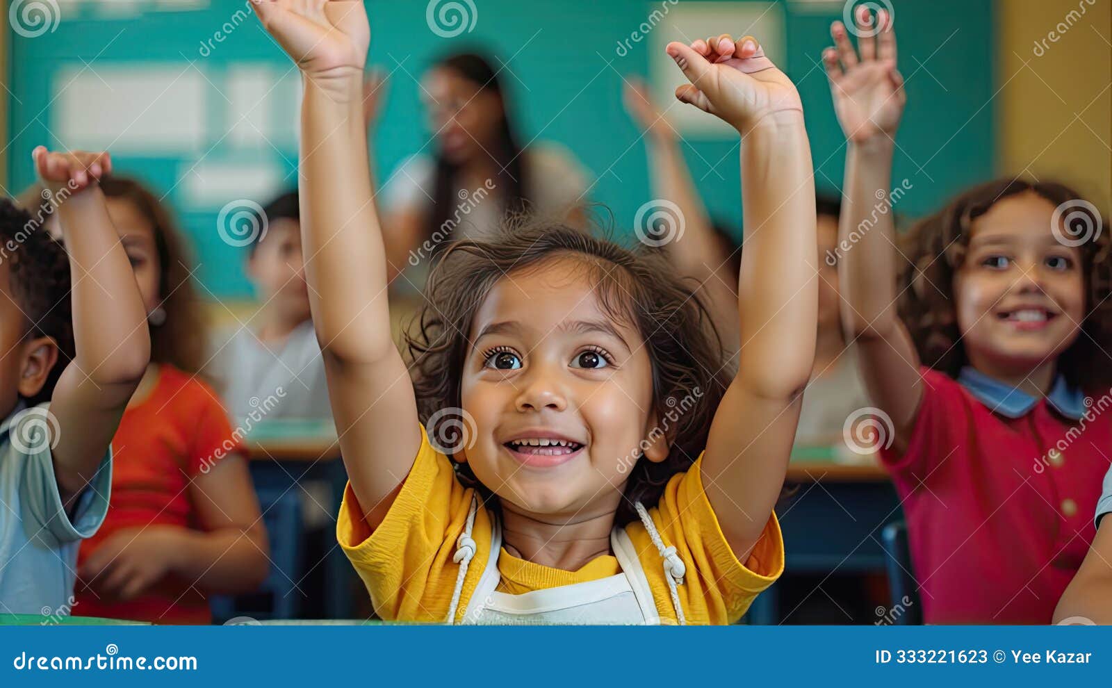 Enthusiastic Elementary School Girl Raises Hand in Class. Stock ...