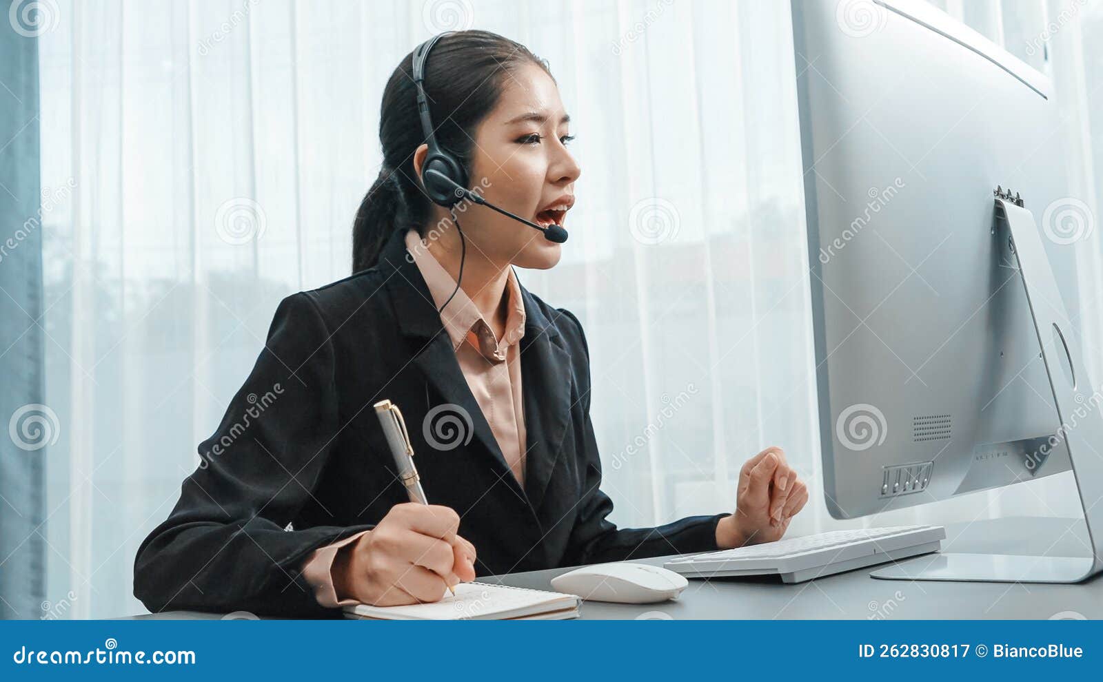 Enthusiastic Female Operator Provide Helpful Customer Service To ...