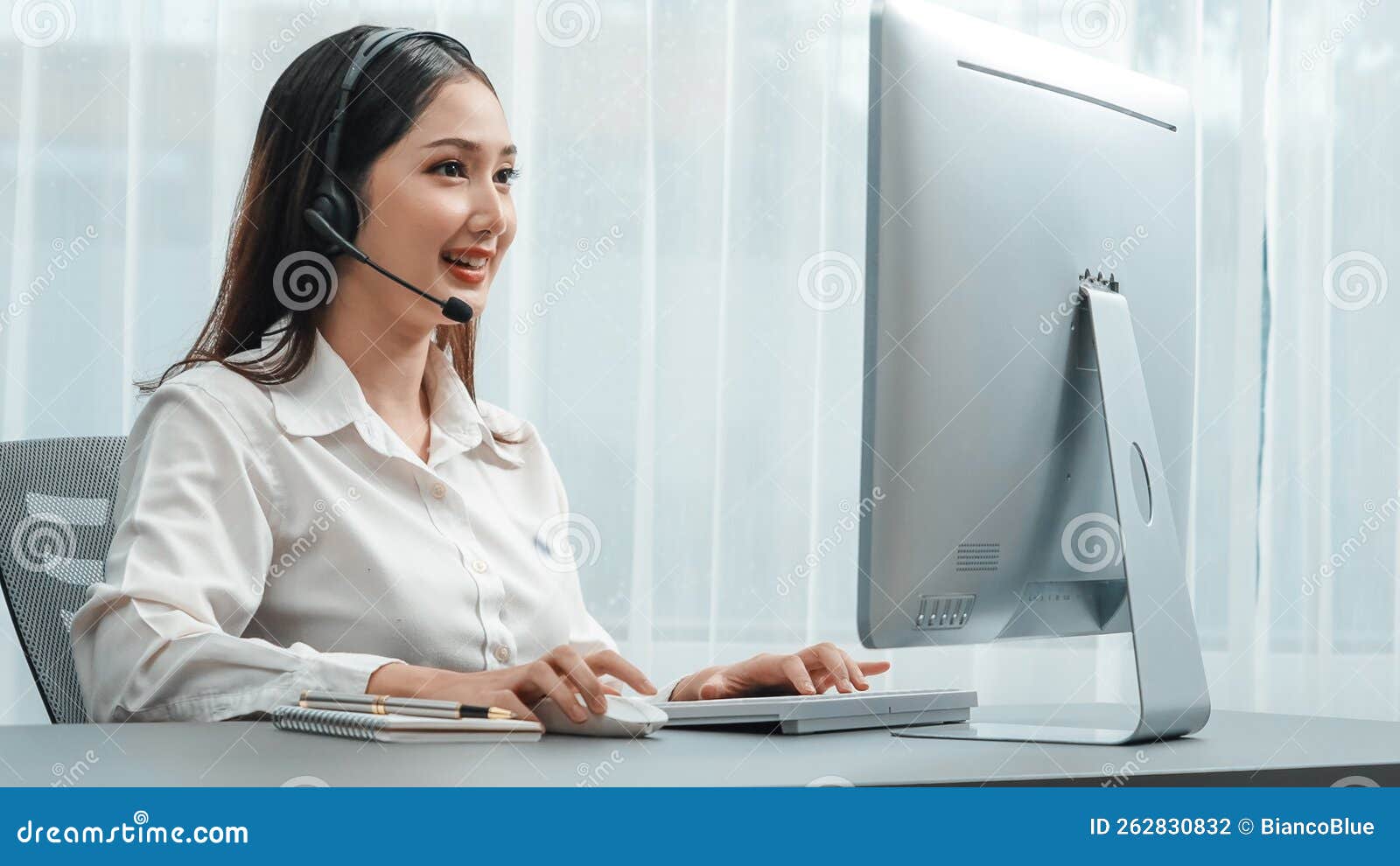 Enthusiastic Female Operator Provide Helpful Customer Service To ...