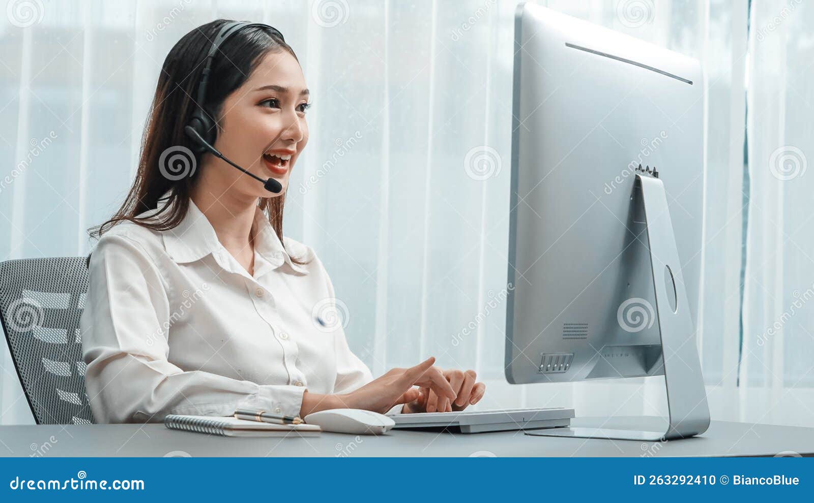 Enthusiastic Female Operator Provide Helpful Customer Service To ...