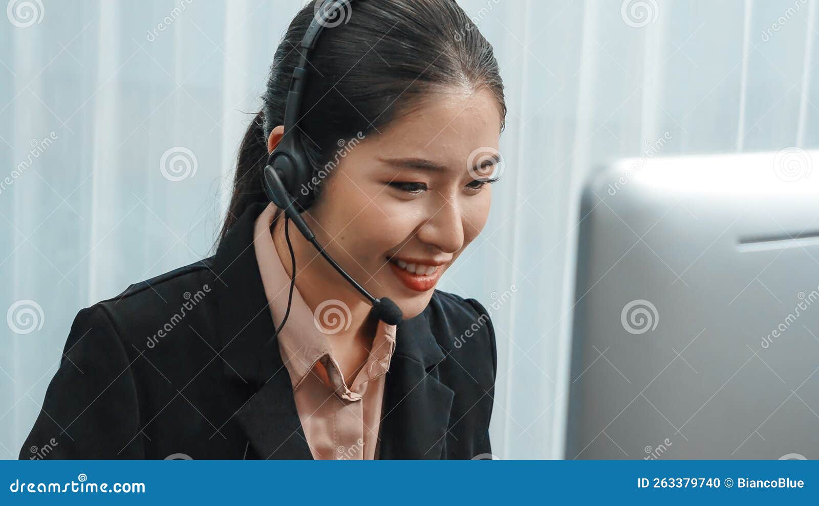 Enthusiastic Female Operator Provide Helpful Customer Service To ...