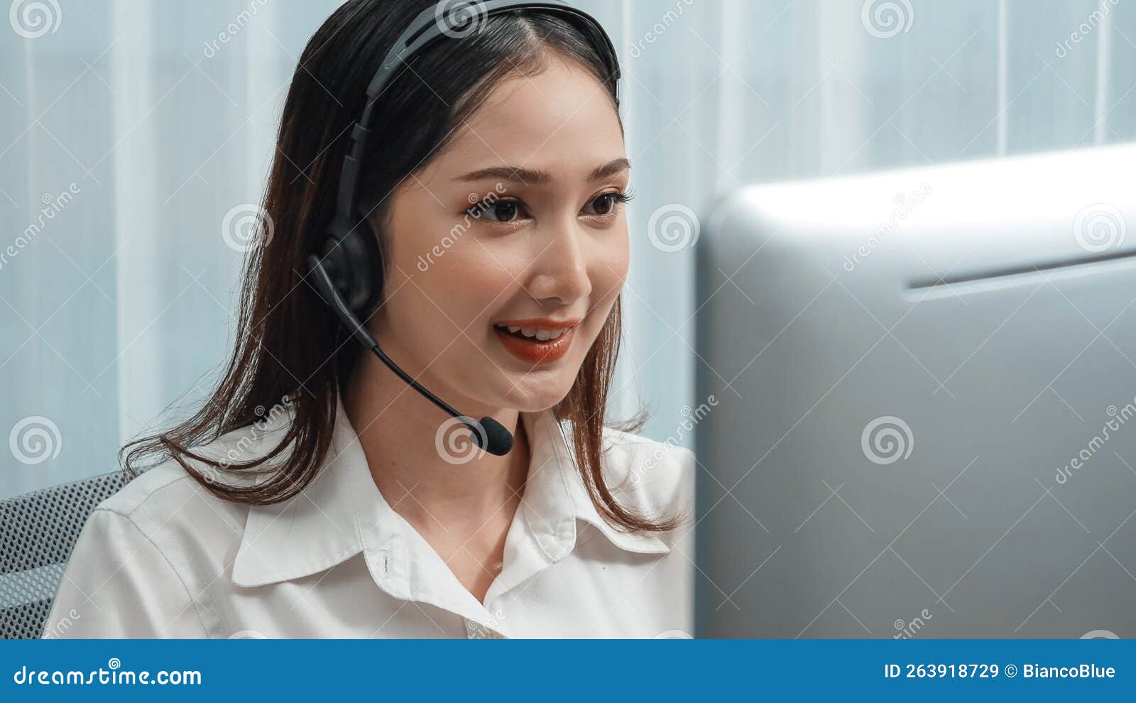 Enthusiastic Female Operator Provide Helpful Customer Service To ...